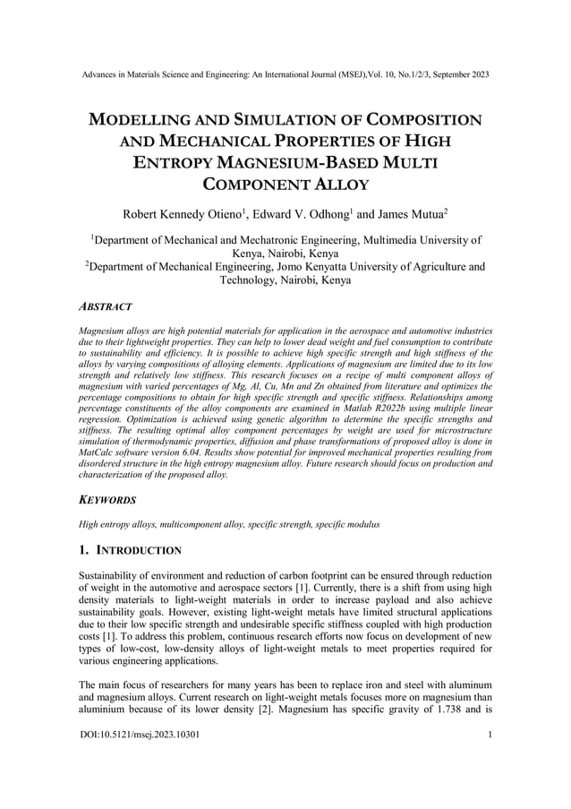Modelling and Simulation of Composition and Mechanical Properties of High Entropy Magnesium ...