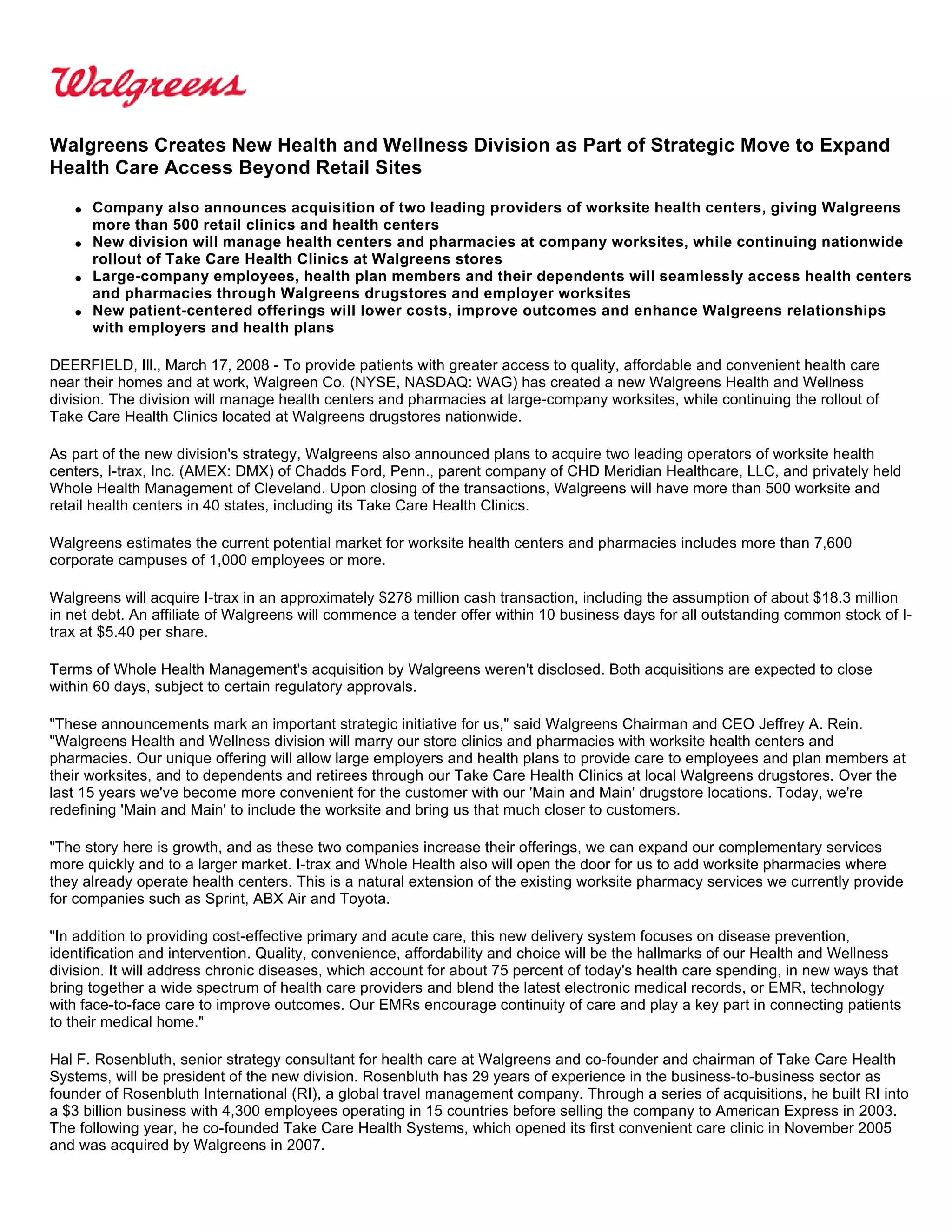 Walgreens Creates New Health and Wellness Division as Part of Strategic ...