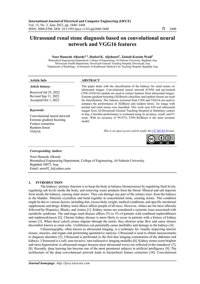Ultrasound renal stone diagnosis based on convolutional neural network and VGG16 features | PDF