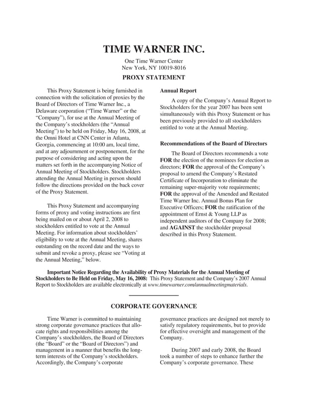 time warner 2008 Proxy Statement | PDF