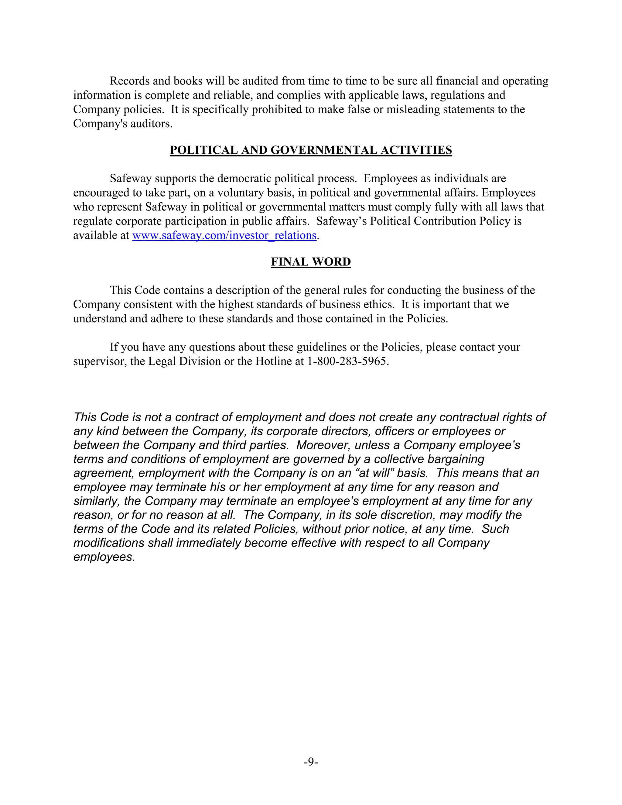 safeway Code of Business Conduct and Ethics | PDF