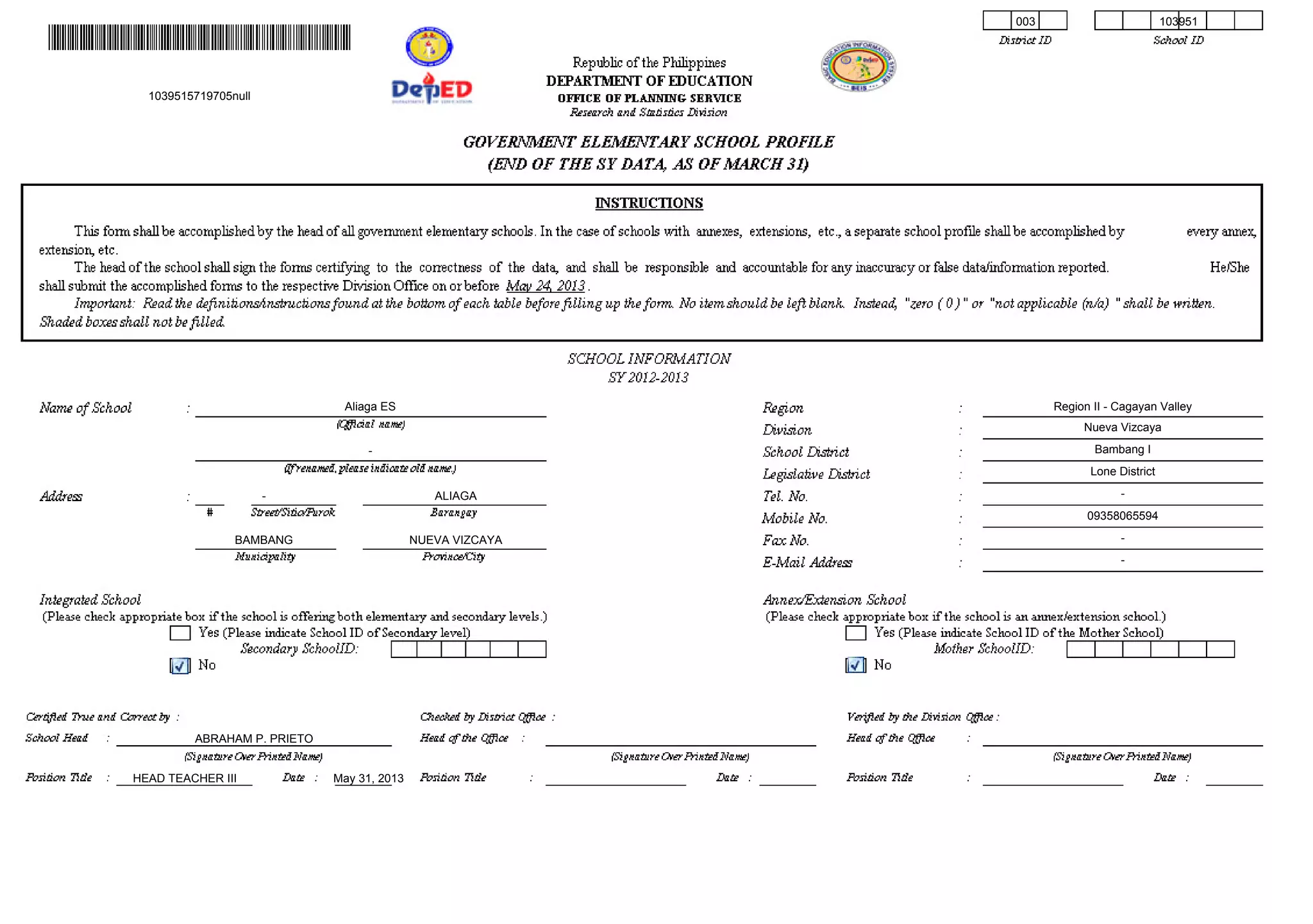 103951 government-elementary-school-profile-(end-of-the-sy-data)-2012 | PPT