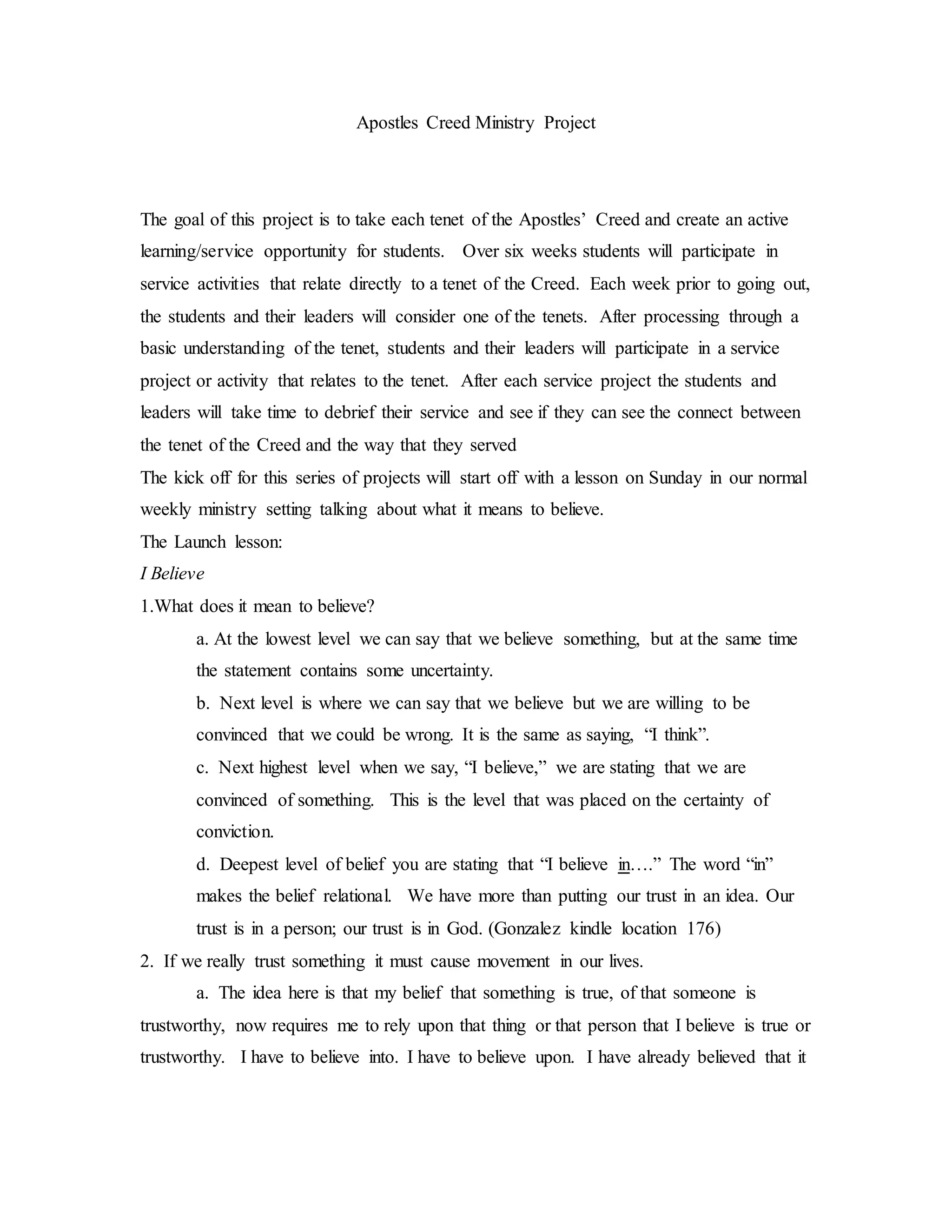 Apostles' Creed Ministry Project Service Guide | PDF