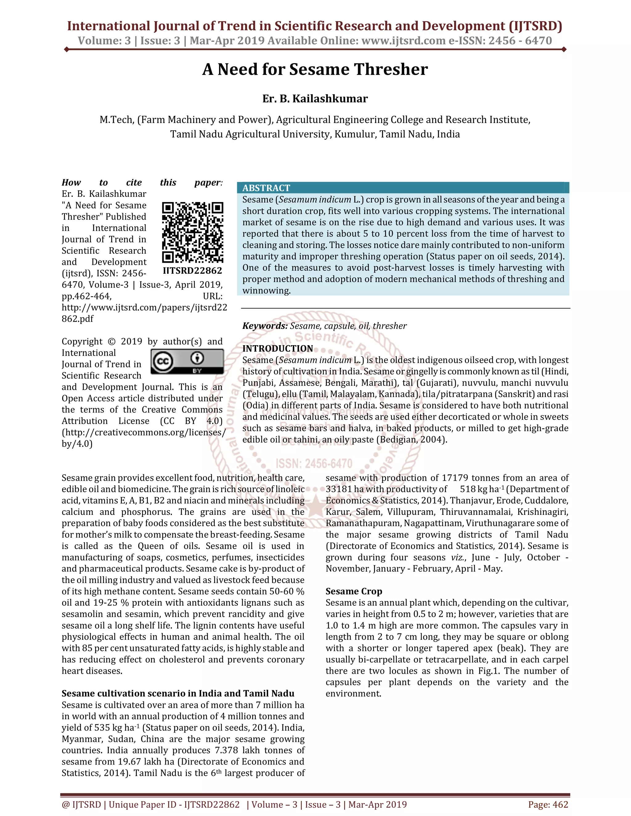 A Need for Sesame Thresher | PDF