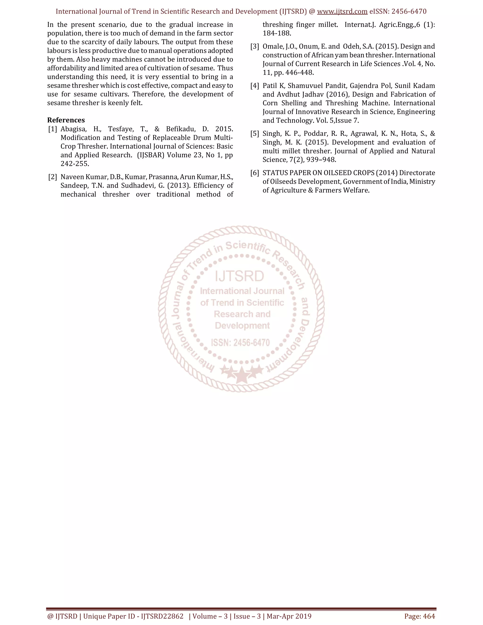 A Need for Sesame Thresher | PDF