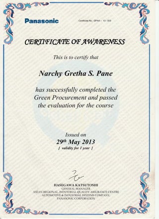 PANASONIC CERTIFIKAT | PDF