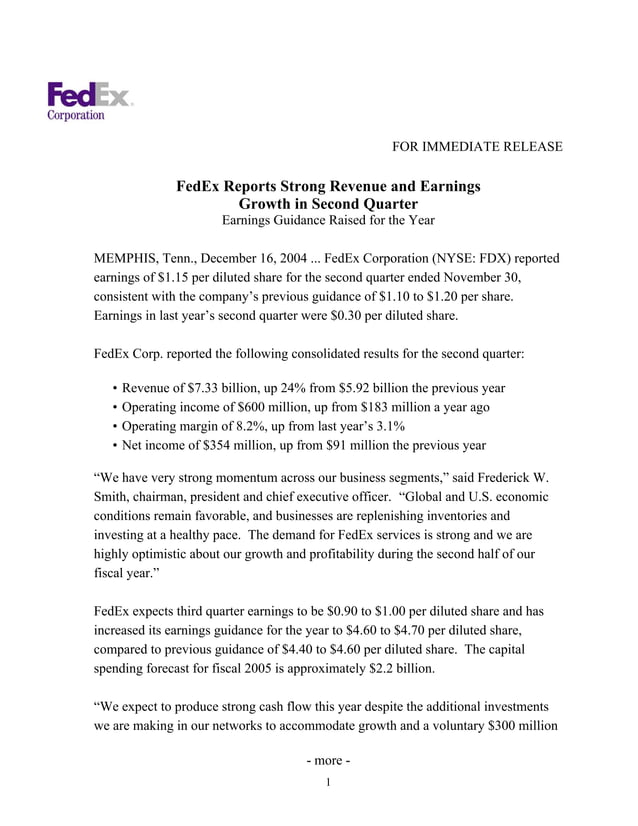 FedEx Reports Strong Revenue and Earnings Growth in Second Quarter Dec ...