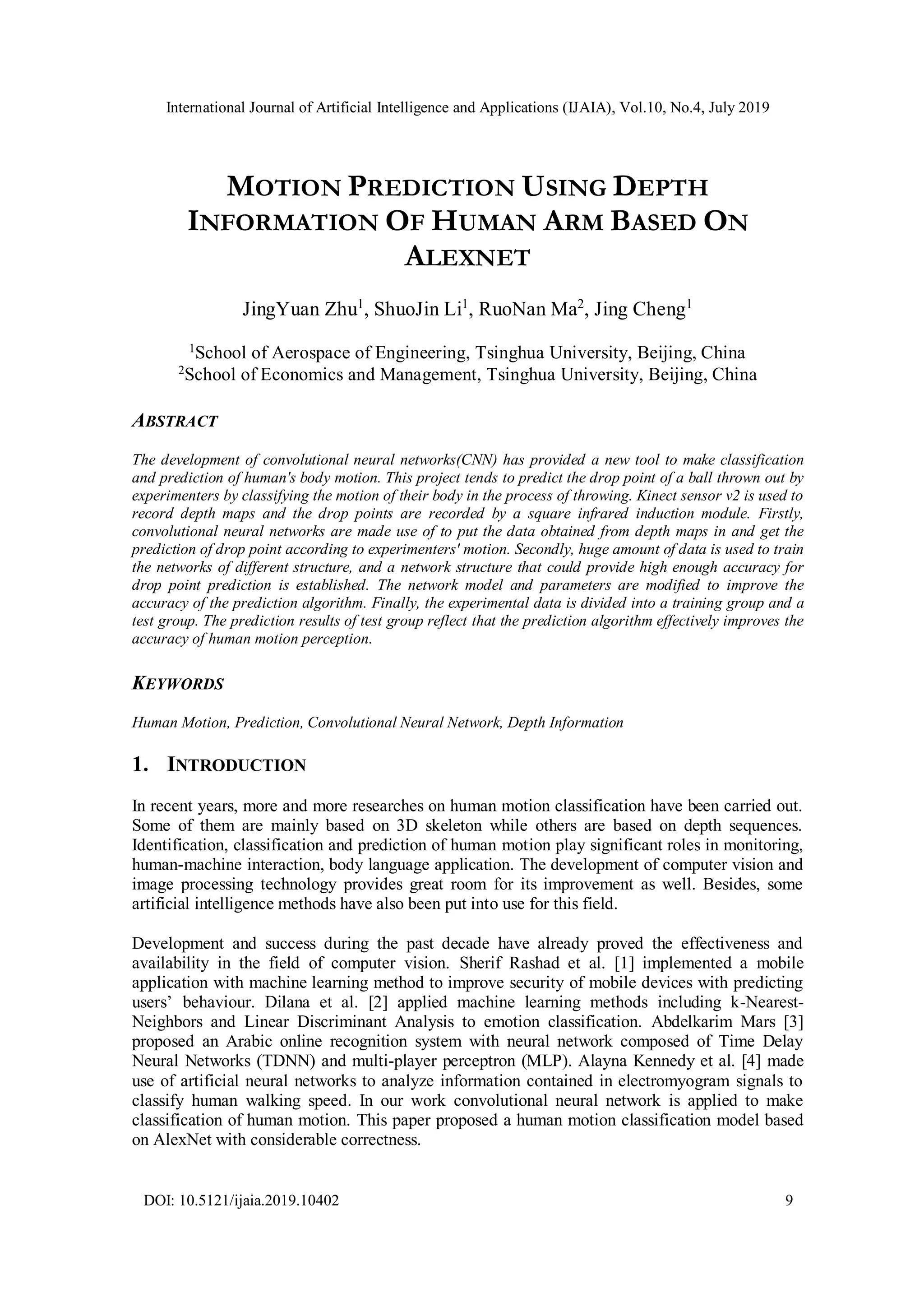 MOTION PREDICTION USING DEPTH INFORMATION OF HUMAN ARM BASED ON ALEXNET ...