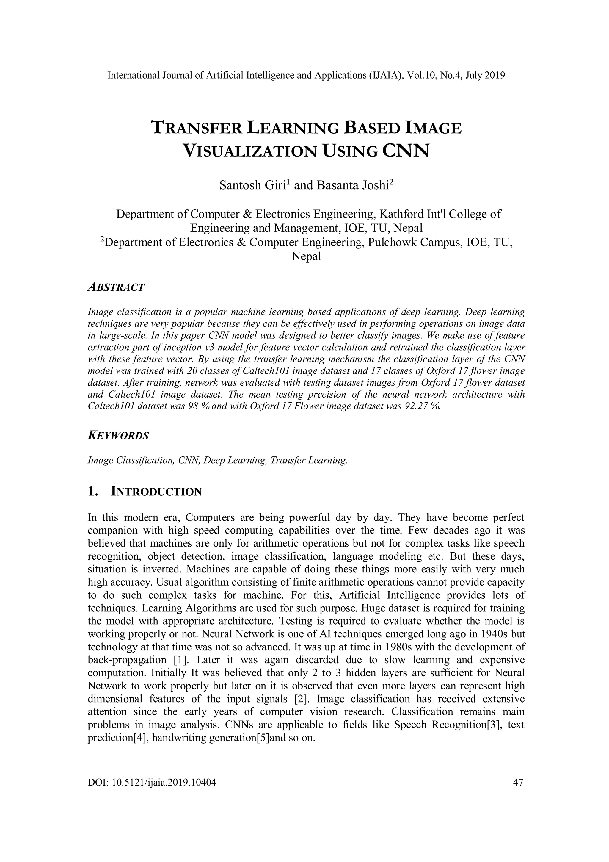 TRANSFER LEARNING BASED IMAGE VISUALIZATION USING CNN | PDF