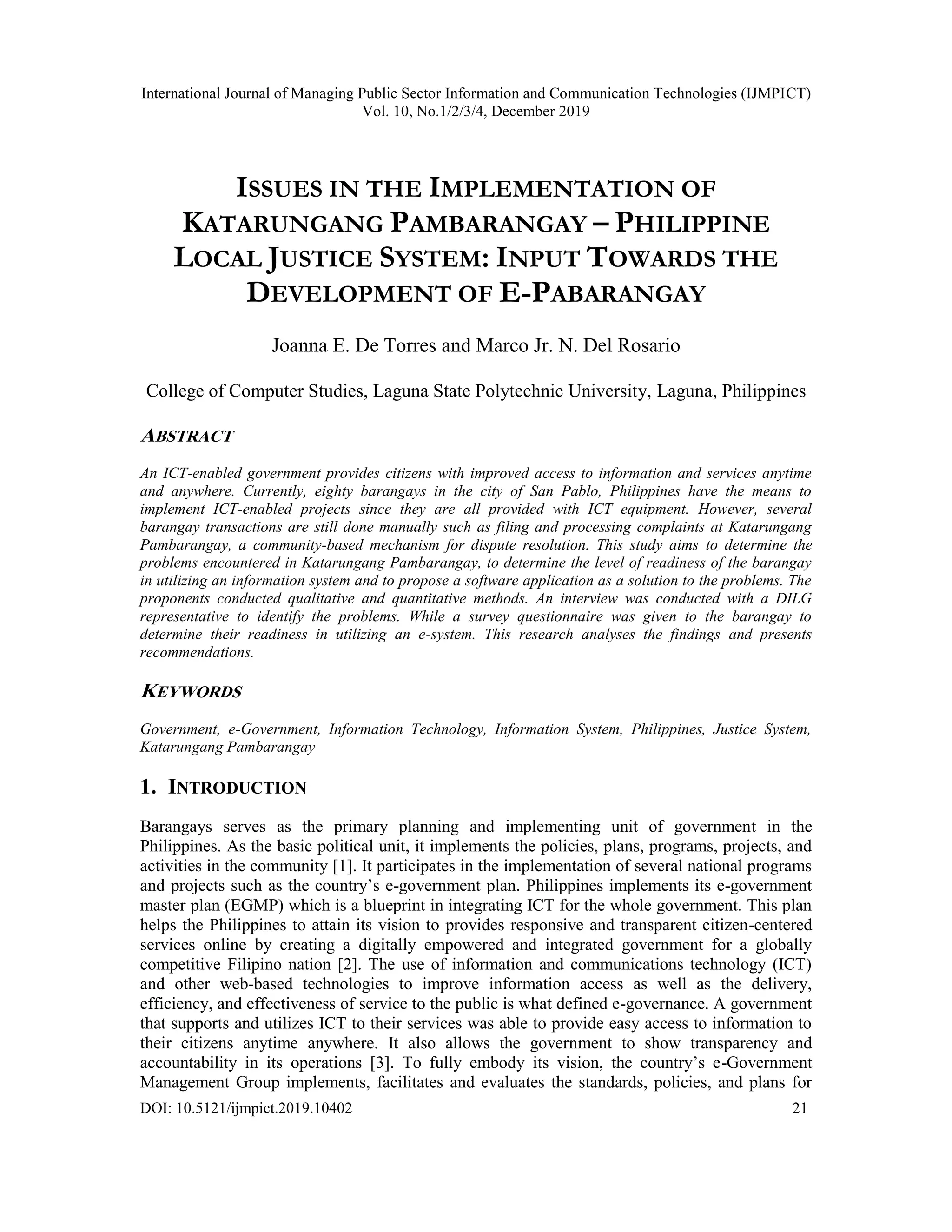 ISSUES IN THE IMPLEMENTATION OF KATARUNGANG PAMBARANGAY – PHILIPPINE ...