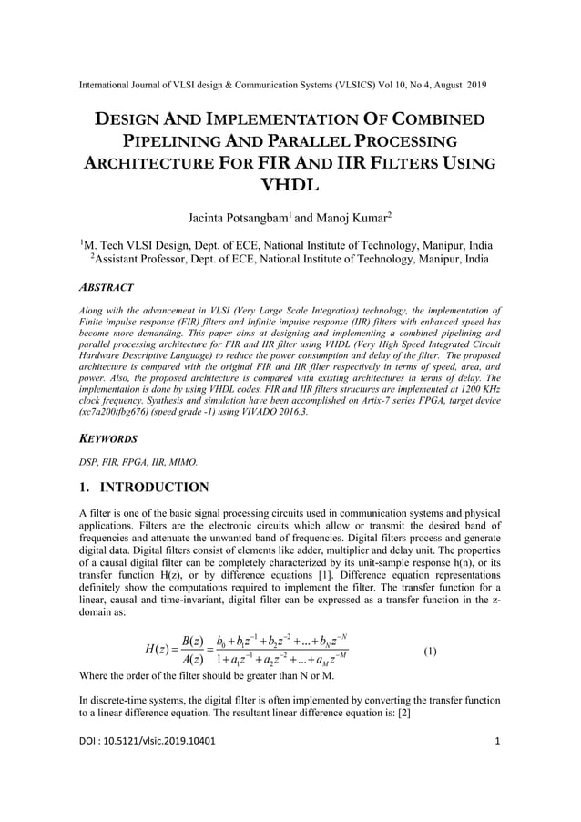 Design And Implementation Of Combined Pipelining And Parallel Processing Architecture For Fir