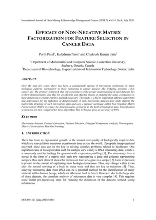 EFFICACY OF NON-NEGATIVE MATRIX FACTORIZATION FOR FEATURE SELECTION IN CANCER DATA | PDF