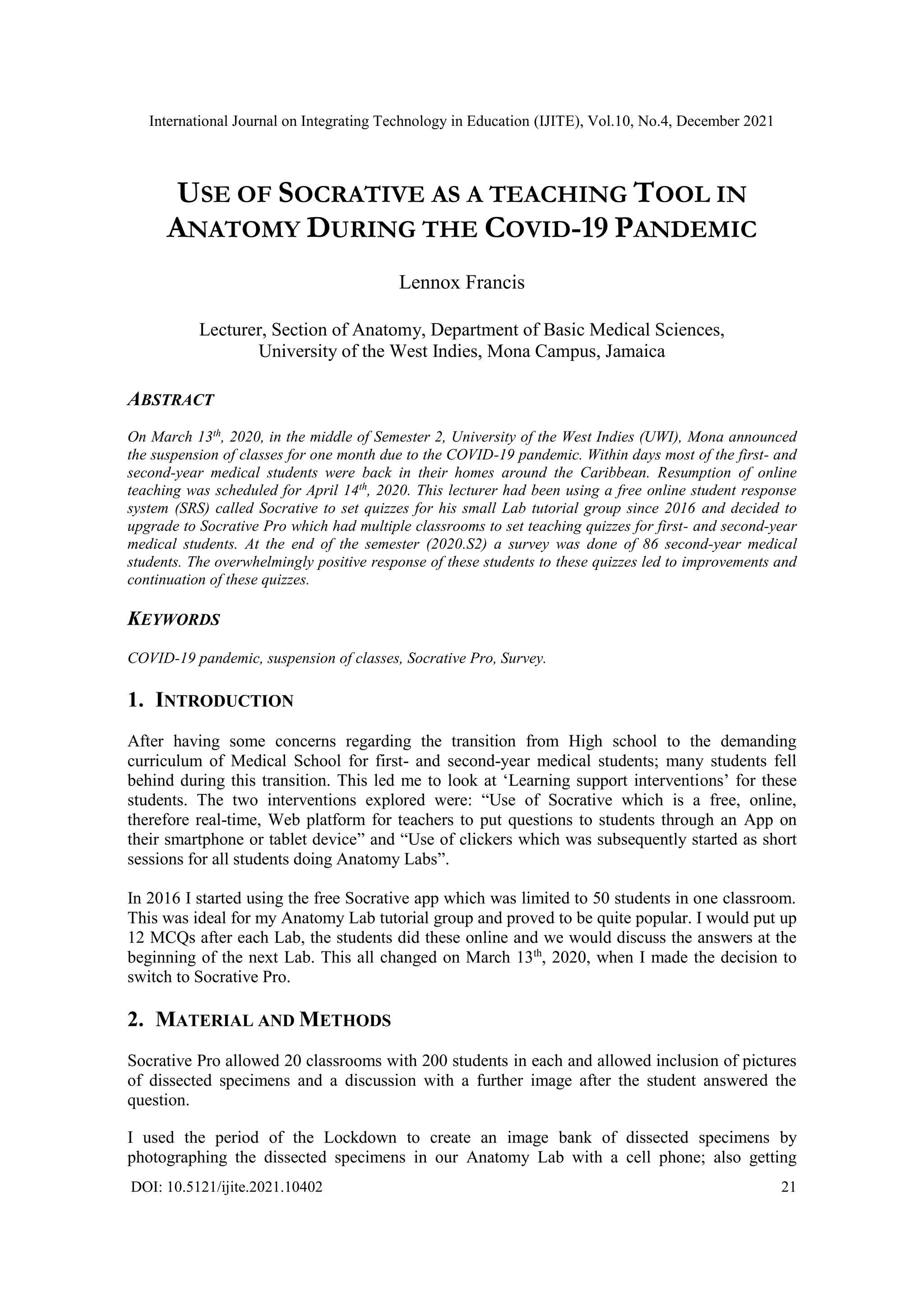 Use of Socrative as a Teaching Tool in Anatomy during the Covid-19 Pandemic | PDF