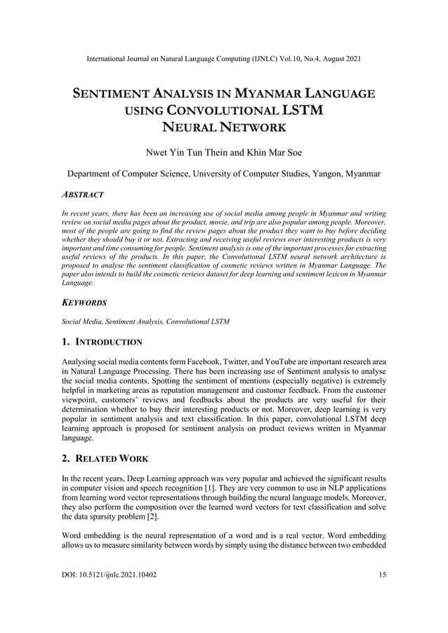 Sentiment Analysis In Myanmar Language Using Convolutional Lstm Neural Network | PDF