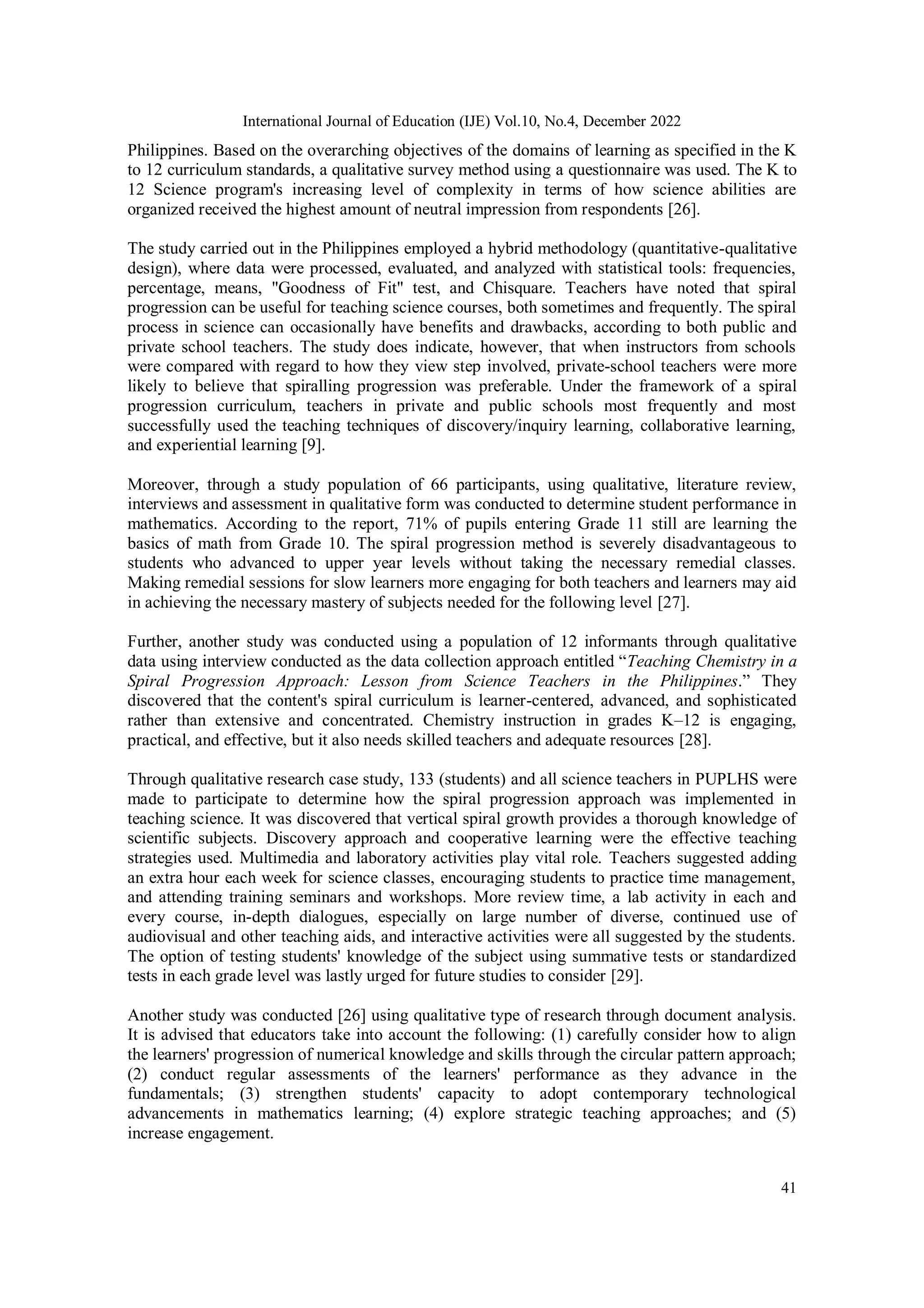 SPIRAL PROGRESSION APPROACH IN THE K TO 12 SCIENCE CURRICULUM: A LITERATURE REVIEW | PDF