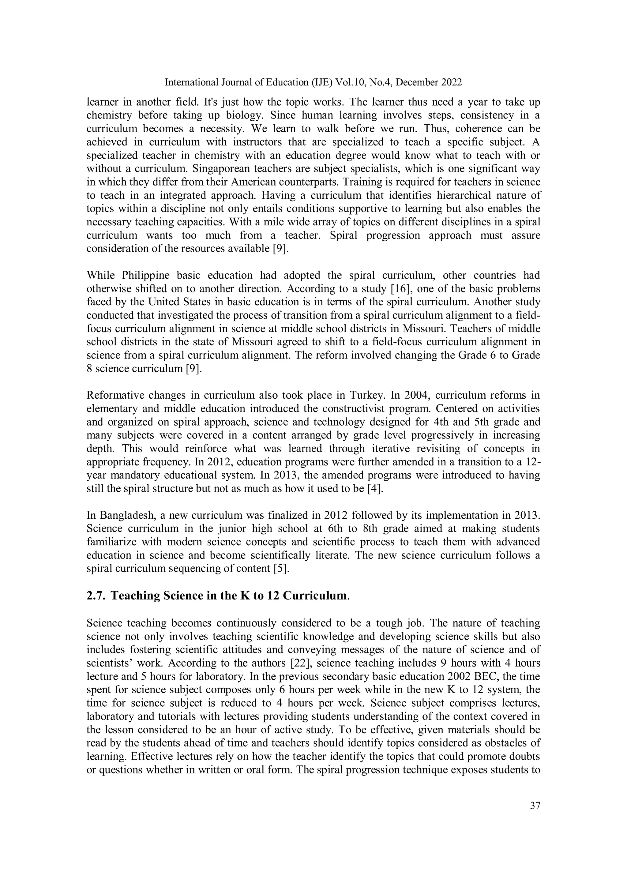 SPIRAL PROGRESSION APPROACH IN THE K TO 12 SCIENCE CURRICULUM: A LITERATURE REVIEW | PDF