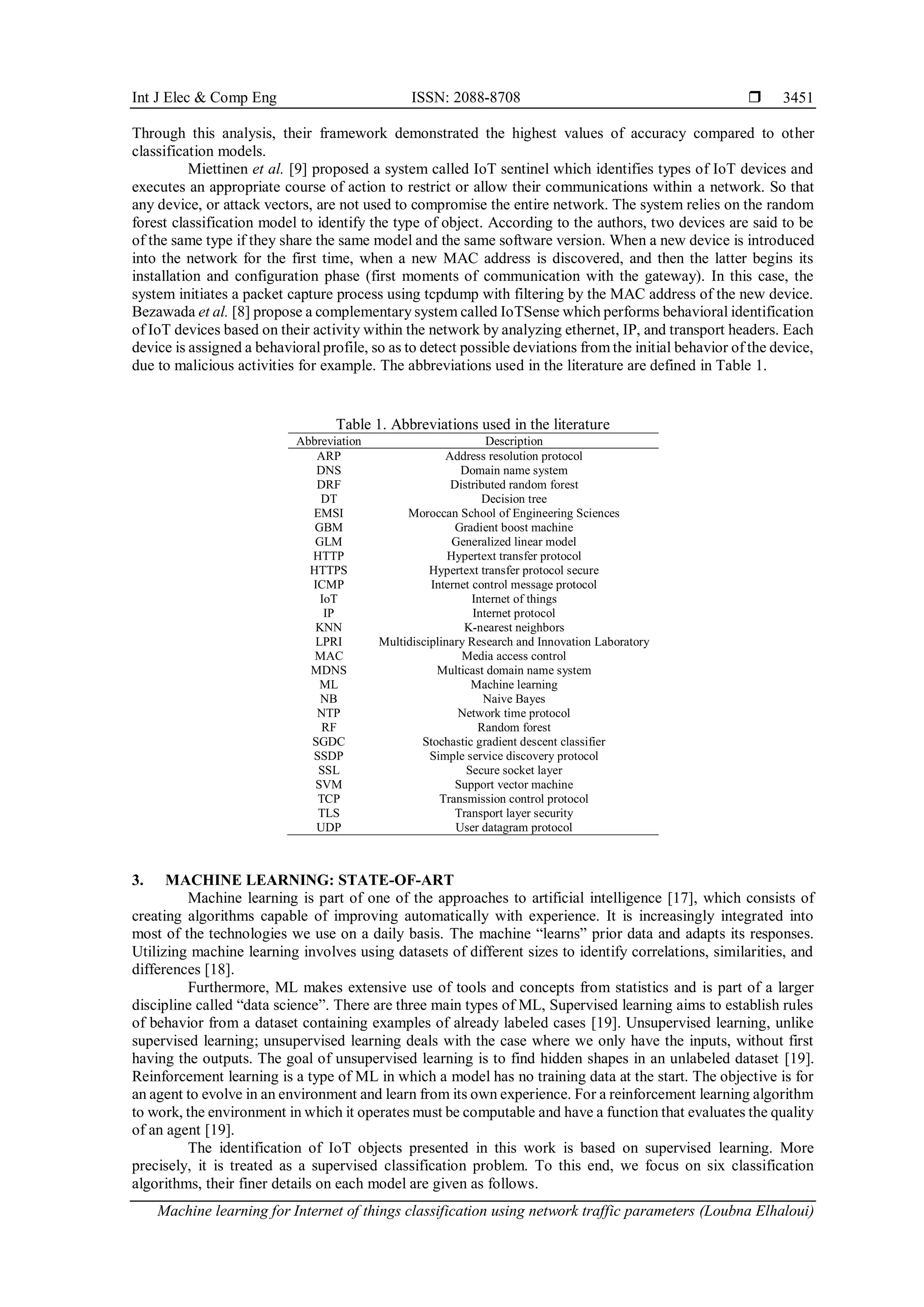 Machine learning for internet of things classification using network traffic parameters | PDF
