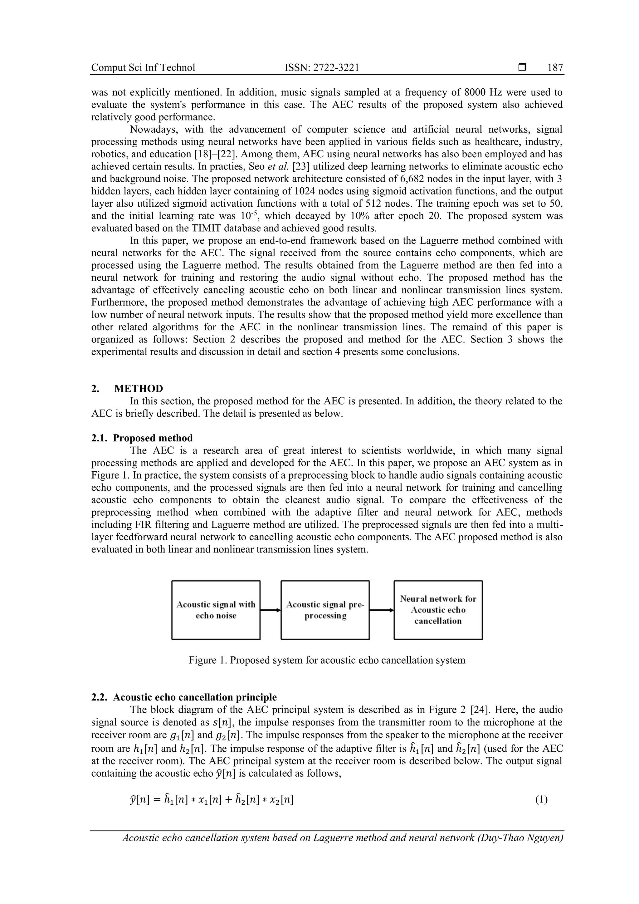 Acoustic echo cancellation system based on Laguerre method and neural ...