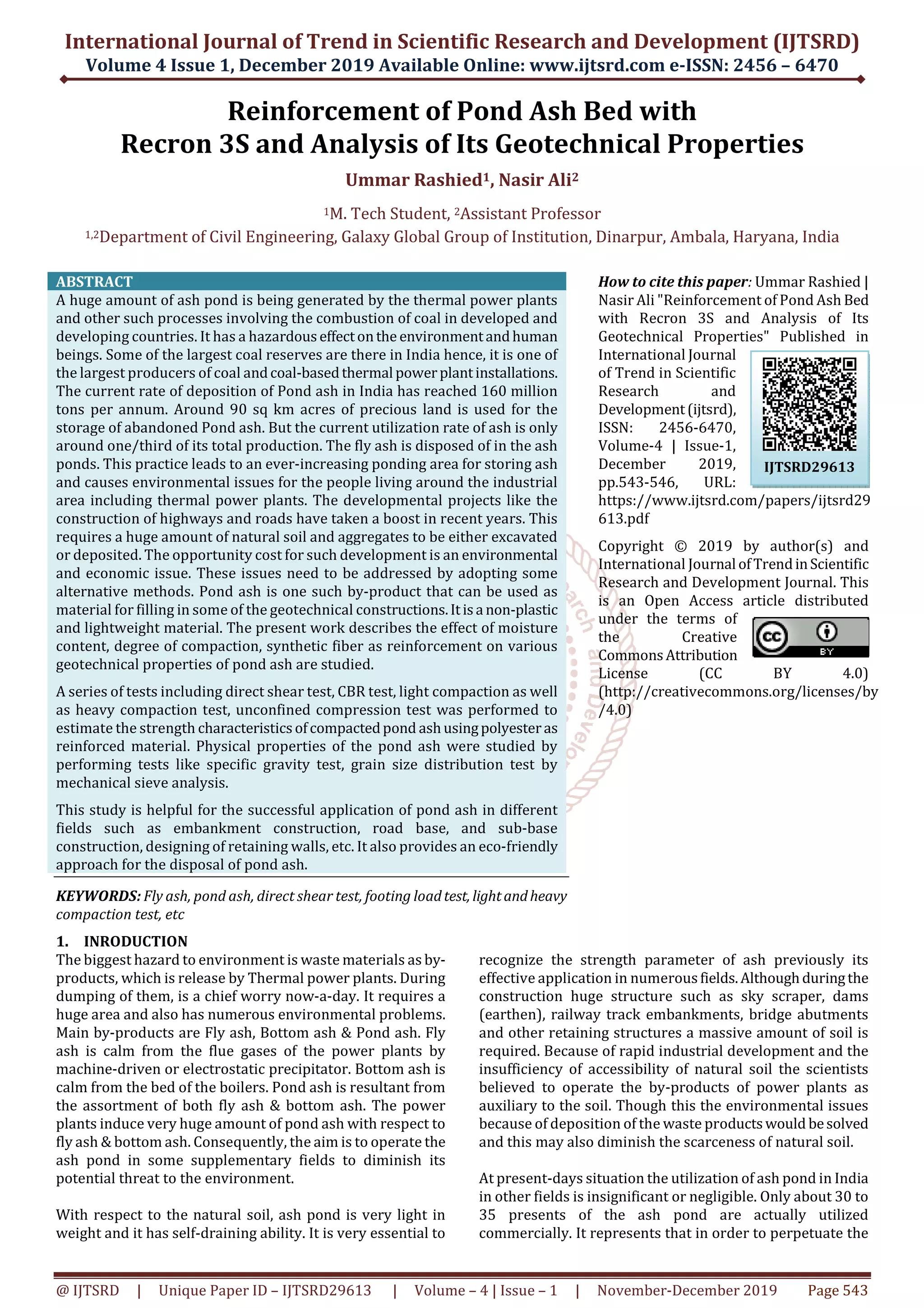 Reinforcement of Pond Ash Bed with Recron 3S and Analysis of Its ...