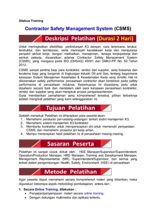 Silabus Training _"Contractor Safety Management System (CSMS)". | PDF