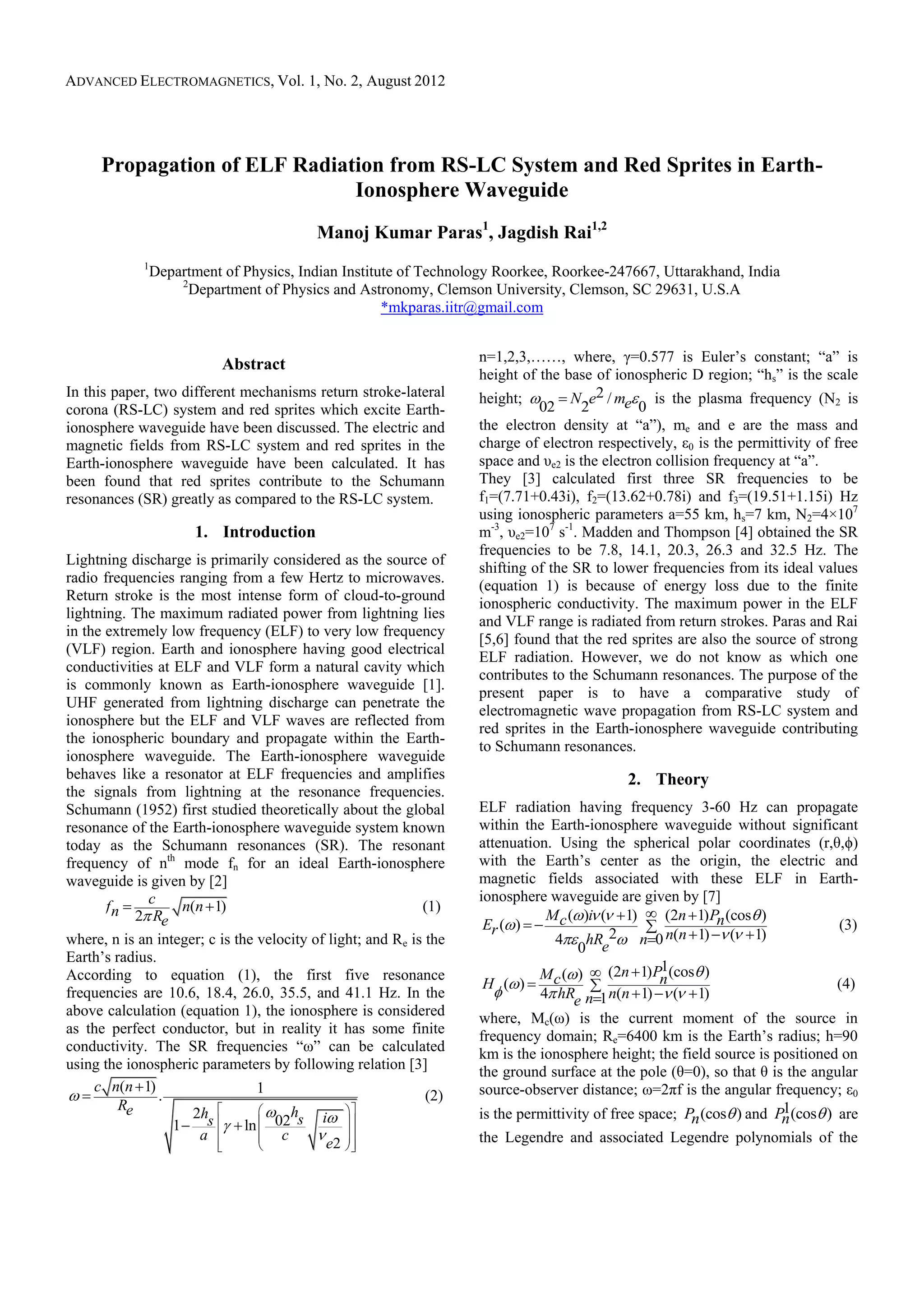 Propagation of ELF Radiation from RS-LC System and Red Sprites in Earth ...