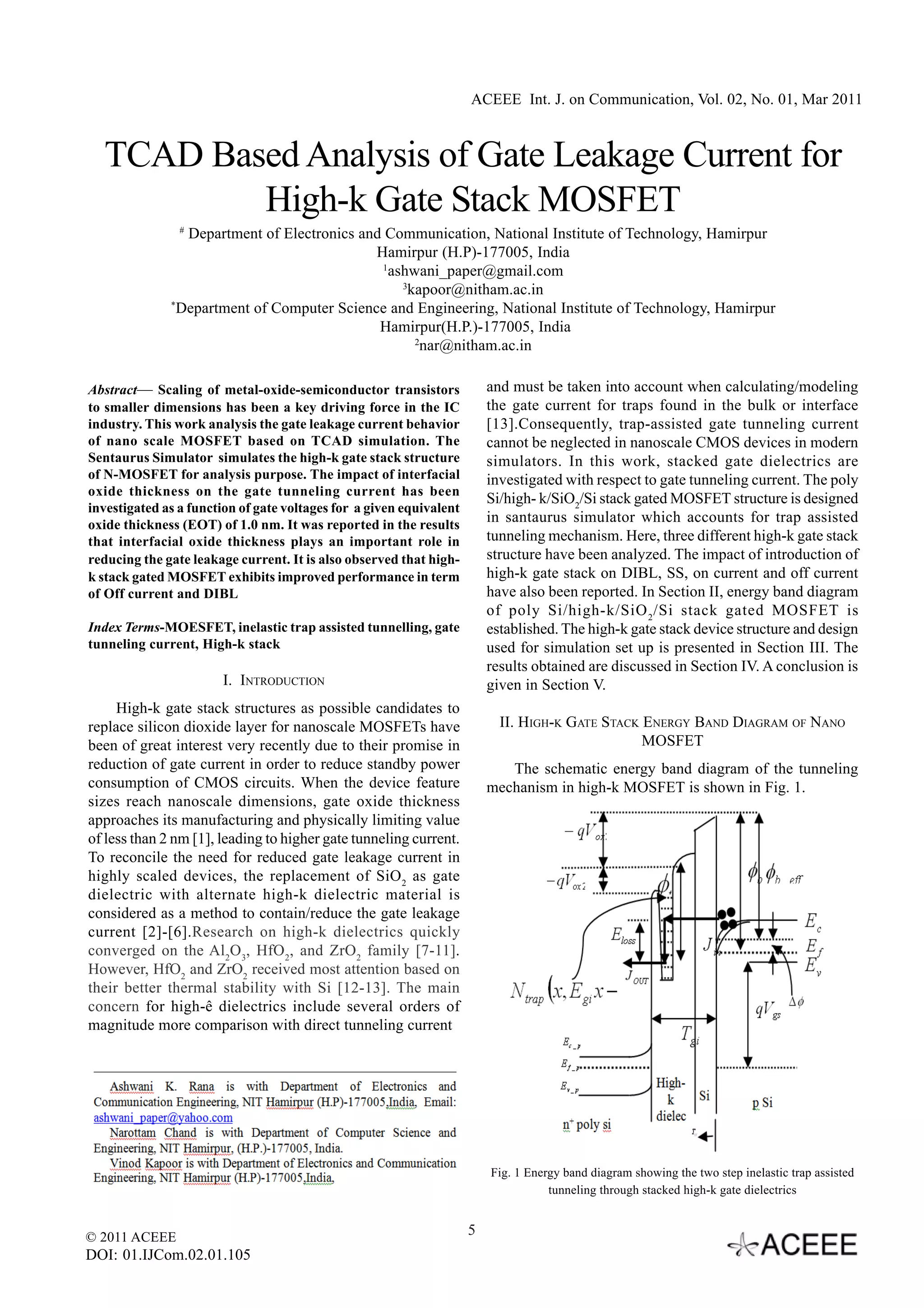 TCAD Based Analysis of Gate Leakage Current for High-k Gate Stack MOSFET | PDF