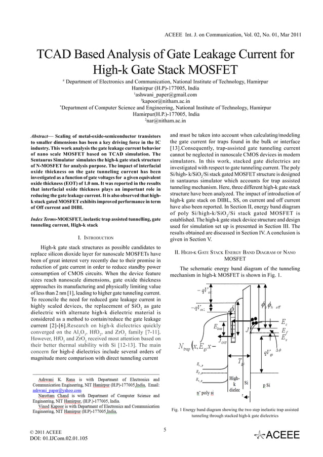 TCAD Based Analysis of Gate Leakage Current for High-k Gate Stack MOSFET | PDF | Chemistry | Science