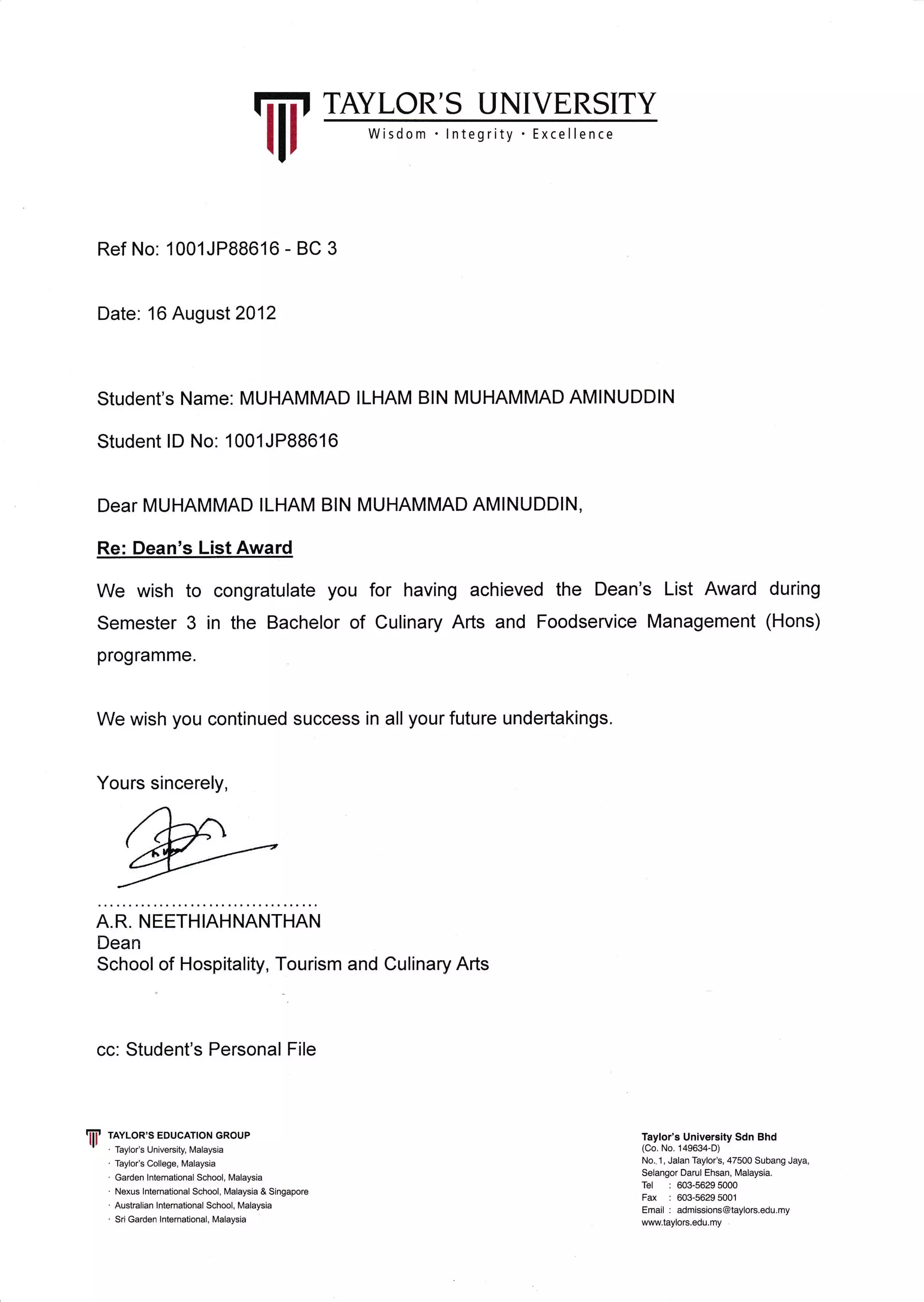 Bachelor - Dean's List Award - Sem 3 | PDF