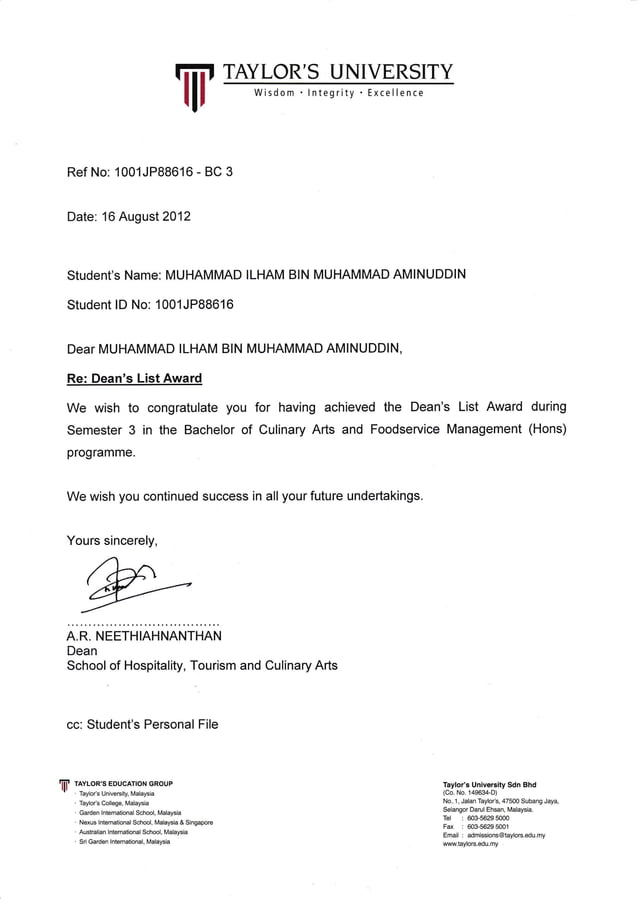 Bachelor - Dean's List Award - Sem 3 | PDF