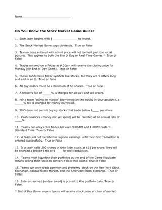 Quiz Rules of Stock Market Game | DOC