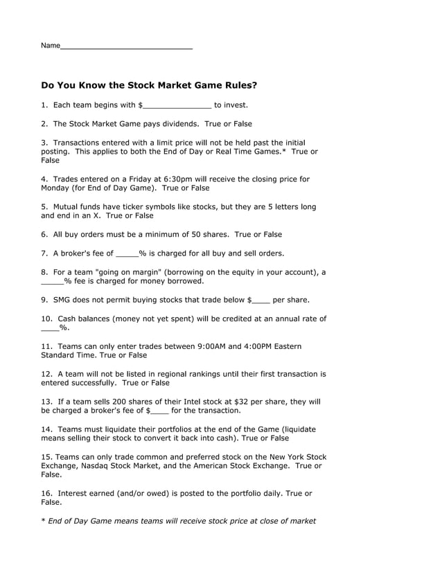 Quiz Rules of Stock Market Game | DOC