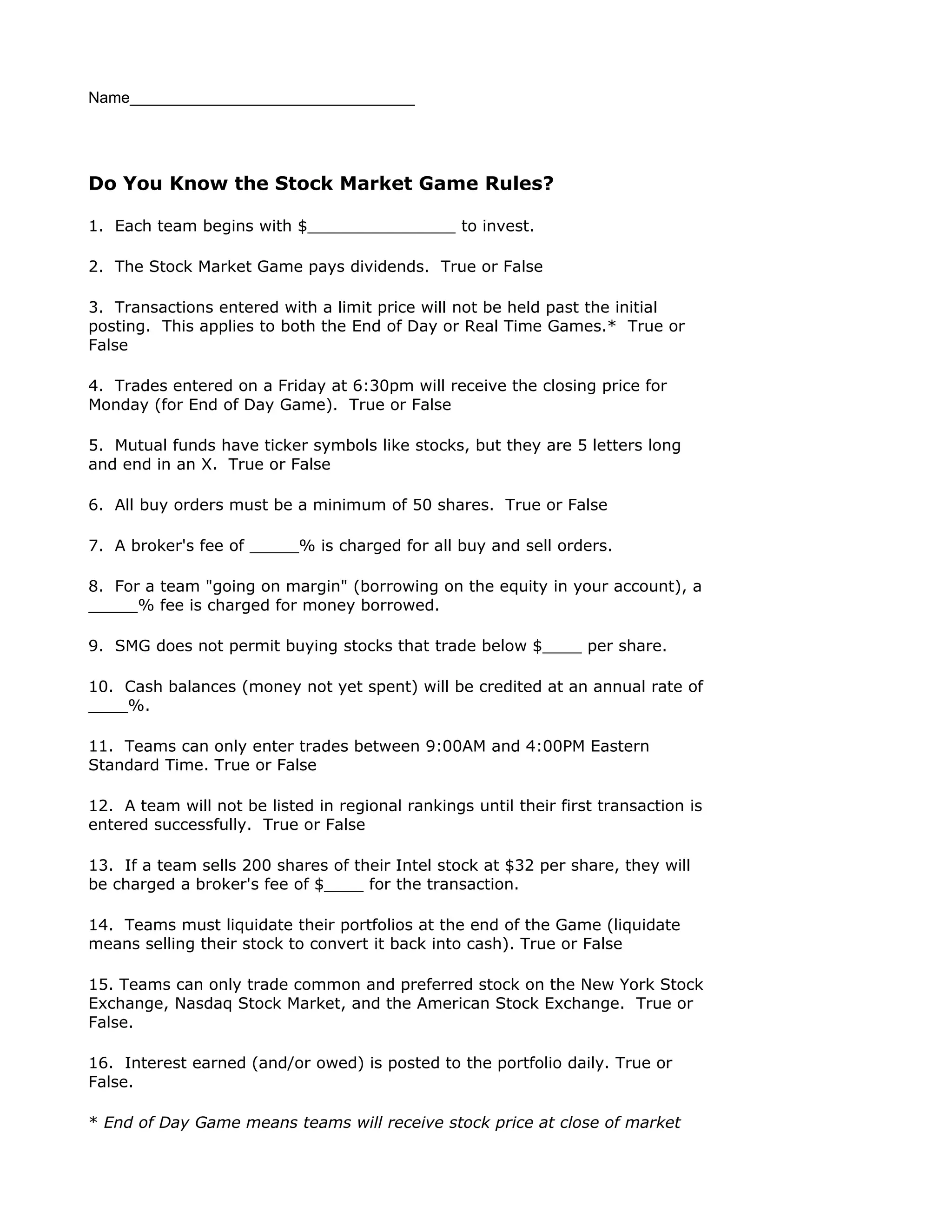 Quiz Rules of Stock Market Game | DOC