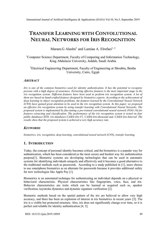 Transfer Learning with Convolutional Neural Networks for IRIS Recognition | PDF