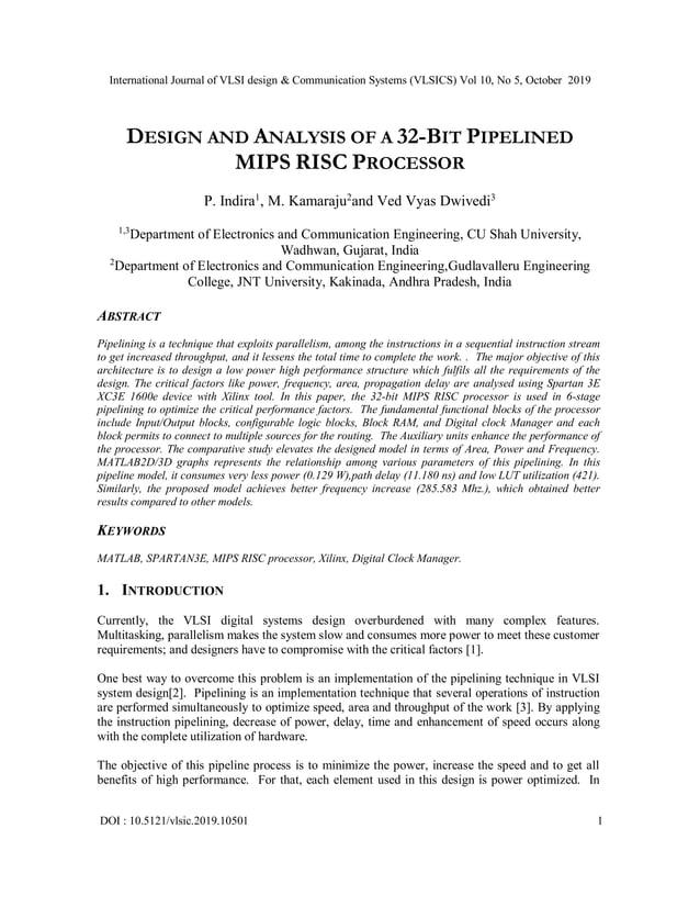 DESIGN AND ANALYSIS OF A 32-BIT PIPELINED MIPS RISC PROCESSOR | PDF