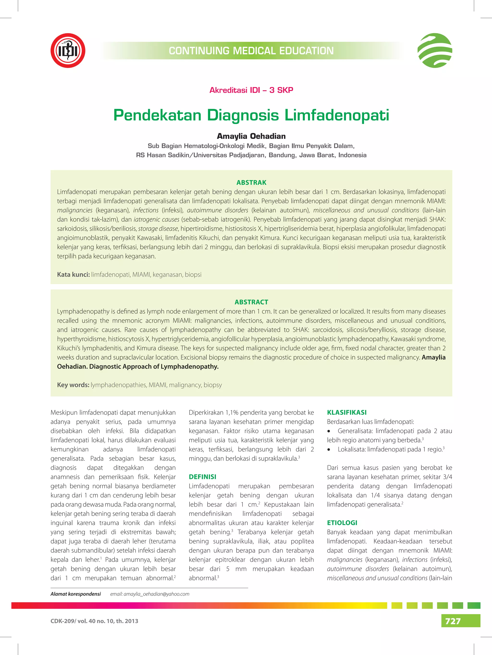 Pendekatan diagnosis limfadenopati | PDF