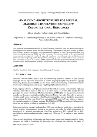 ANALYZING ARCHITECTURES FOR NEURAL MACHINE TRANSLATION USING LOW COMPUTATIONAL RESOURCES | PDF ...