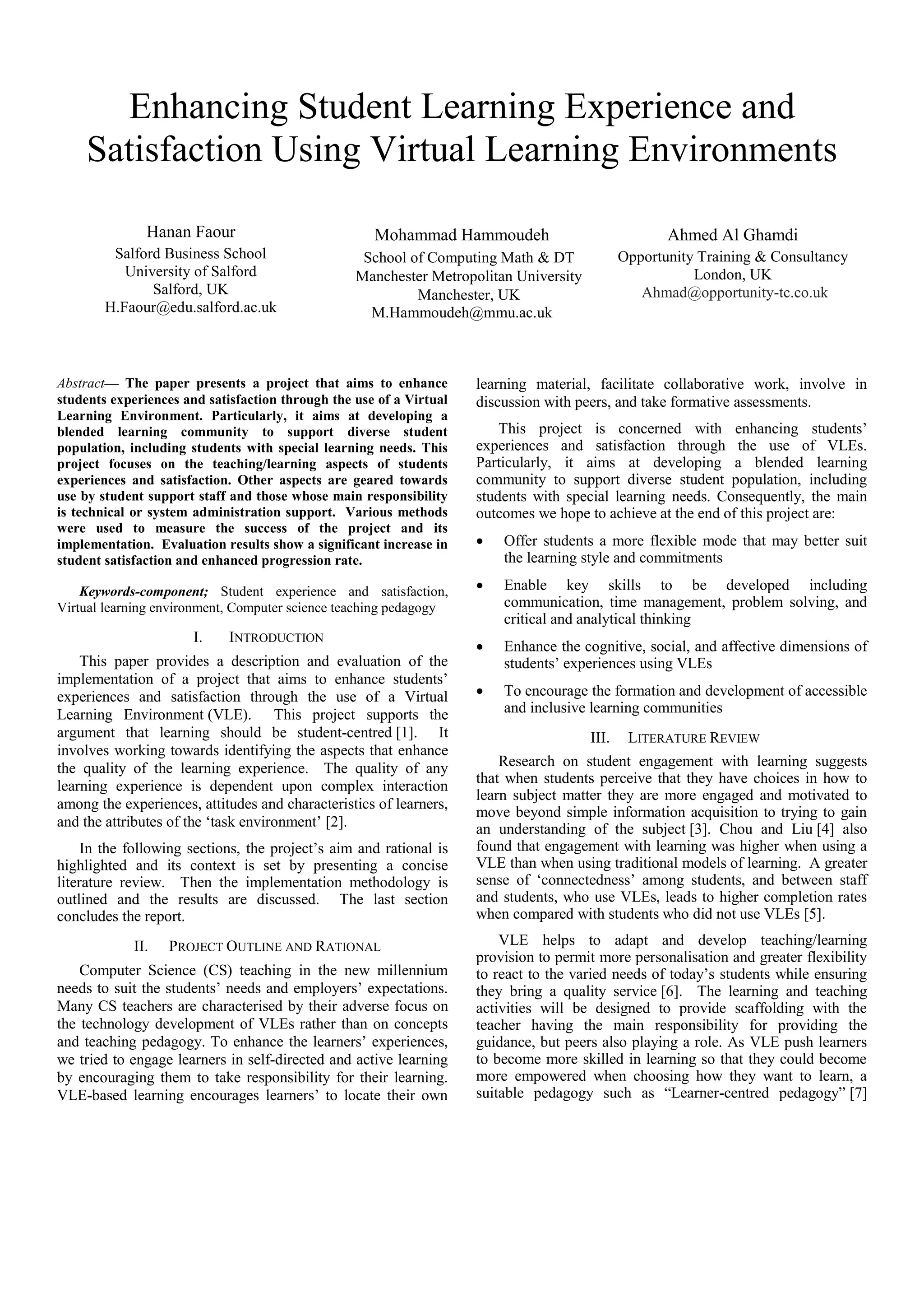 Enhancing Student Learning Experience and Satisfaction Using Virtual Learning Environments | PDF