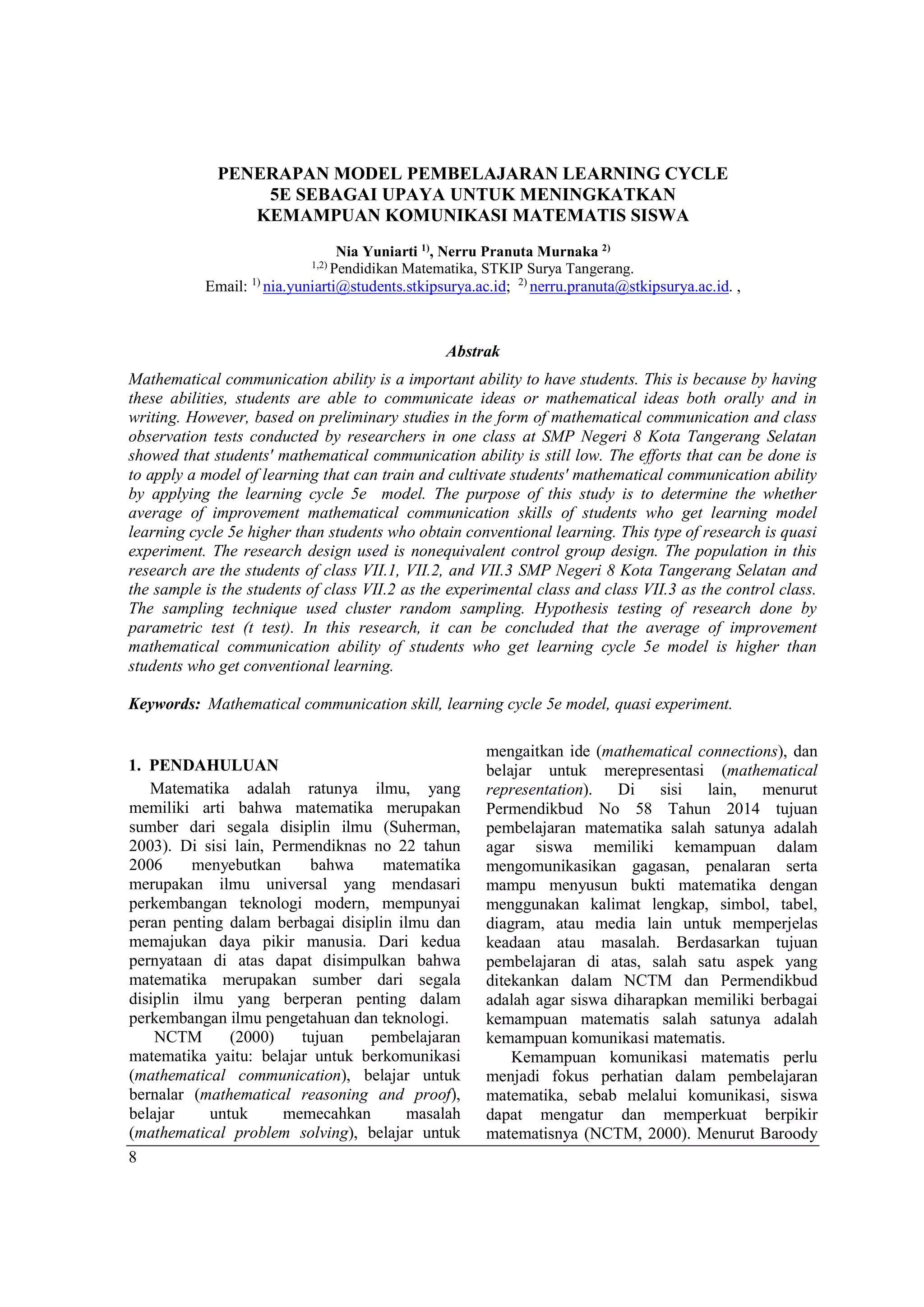 PENERAPAN MODEL PEMBELAJARAN LEARNING CYCLE SEBAGAI UPAYA UNTUK MENINGKATKAN KEMAMPUAN ...