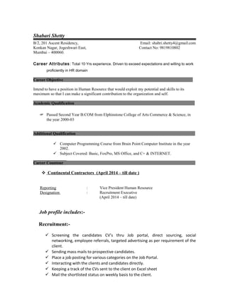 Shabari Shetty | DOC | Resume Writing and Advice | Job Search