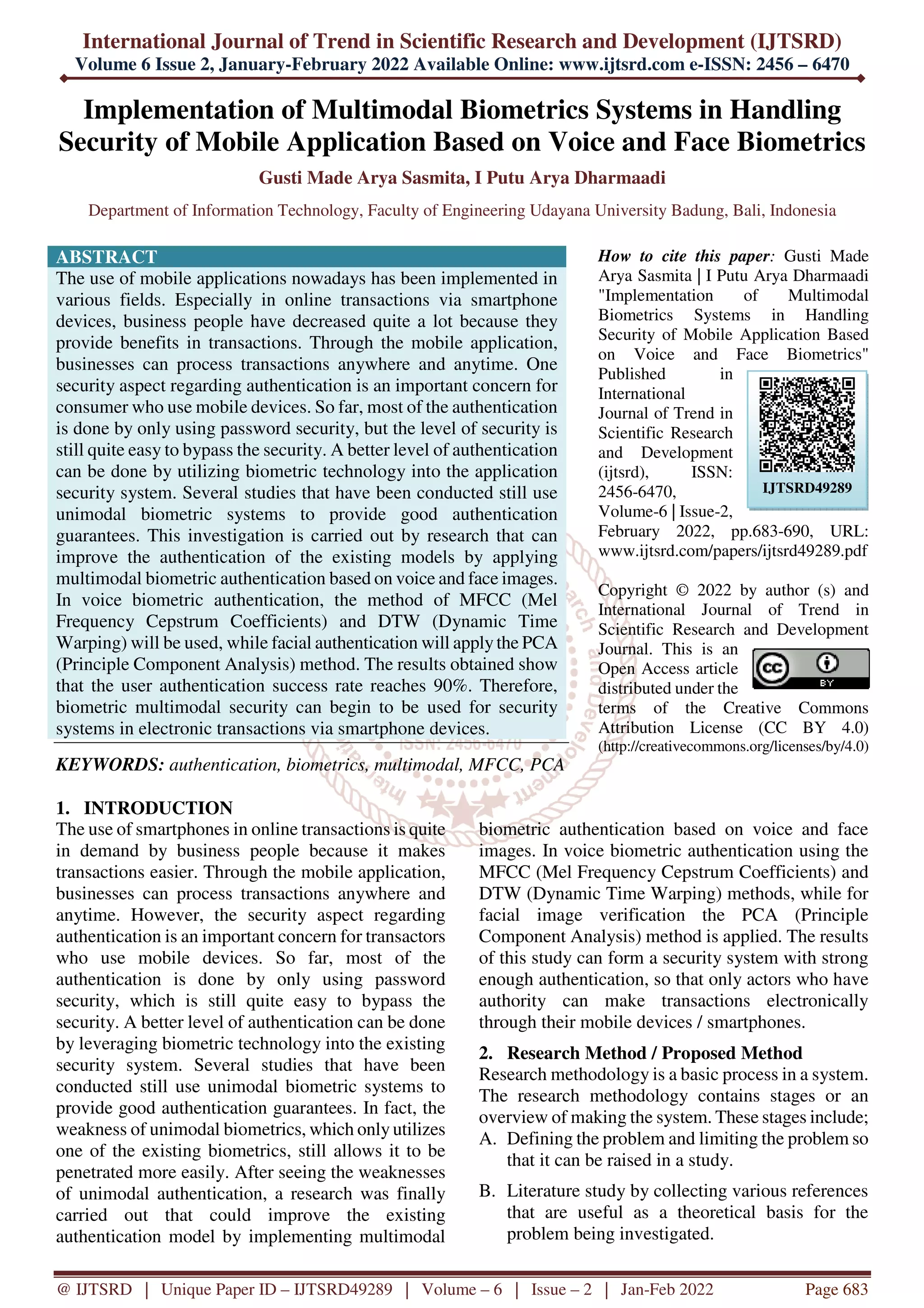 Implementation Of Multimodal Biometrics Systems In Handling Security Of Mobile Application Based