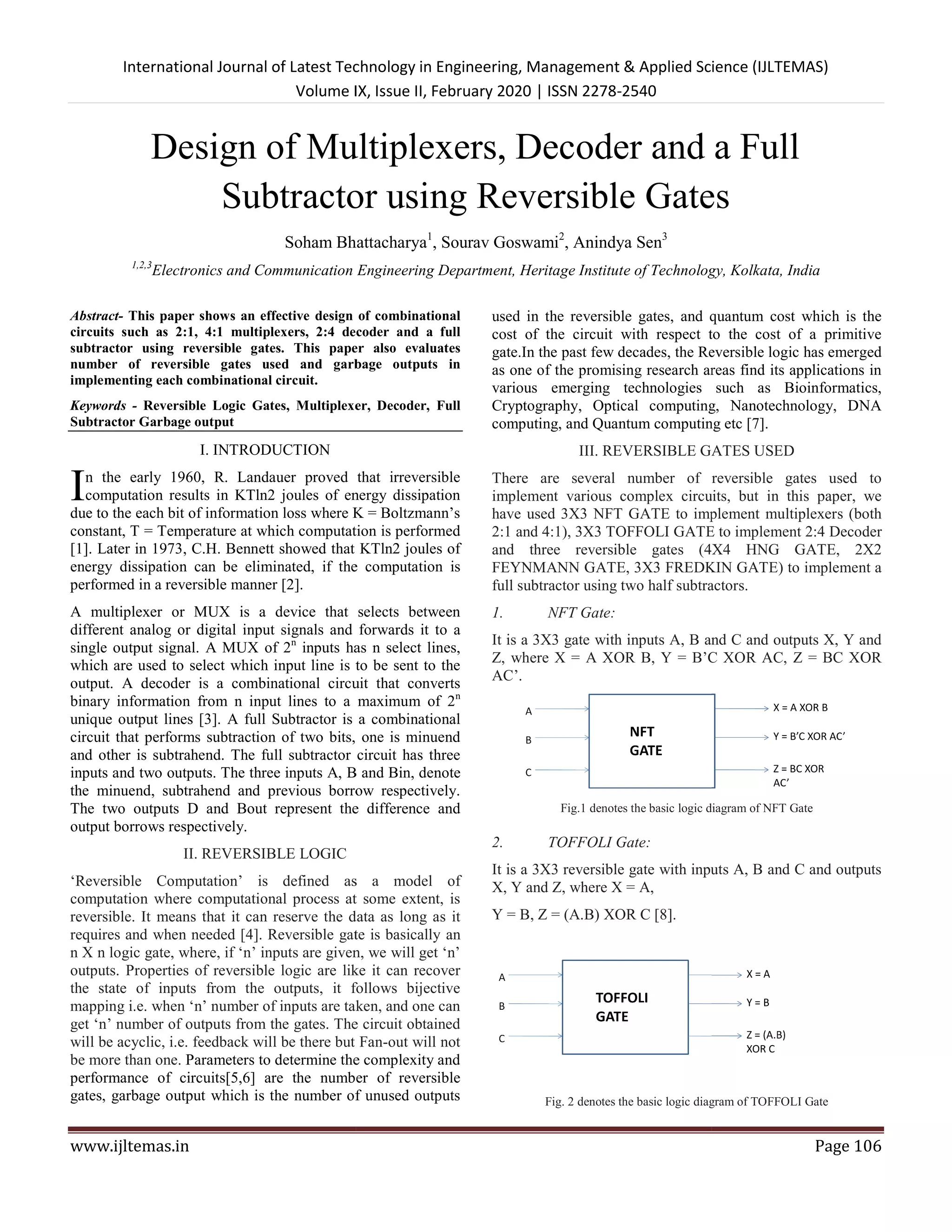 Design Of Multiplexers Decoder And A Full Subtractor Using Reversible Gates Pdf