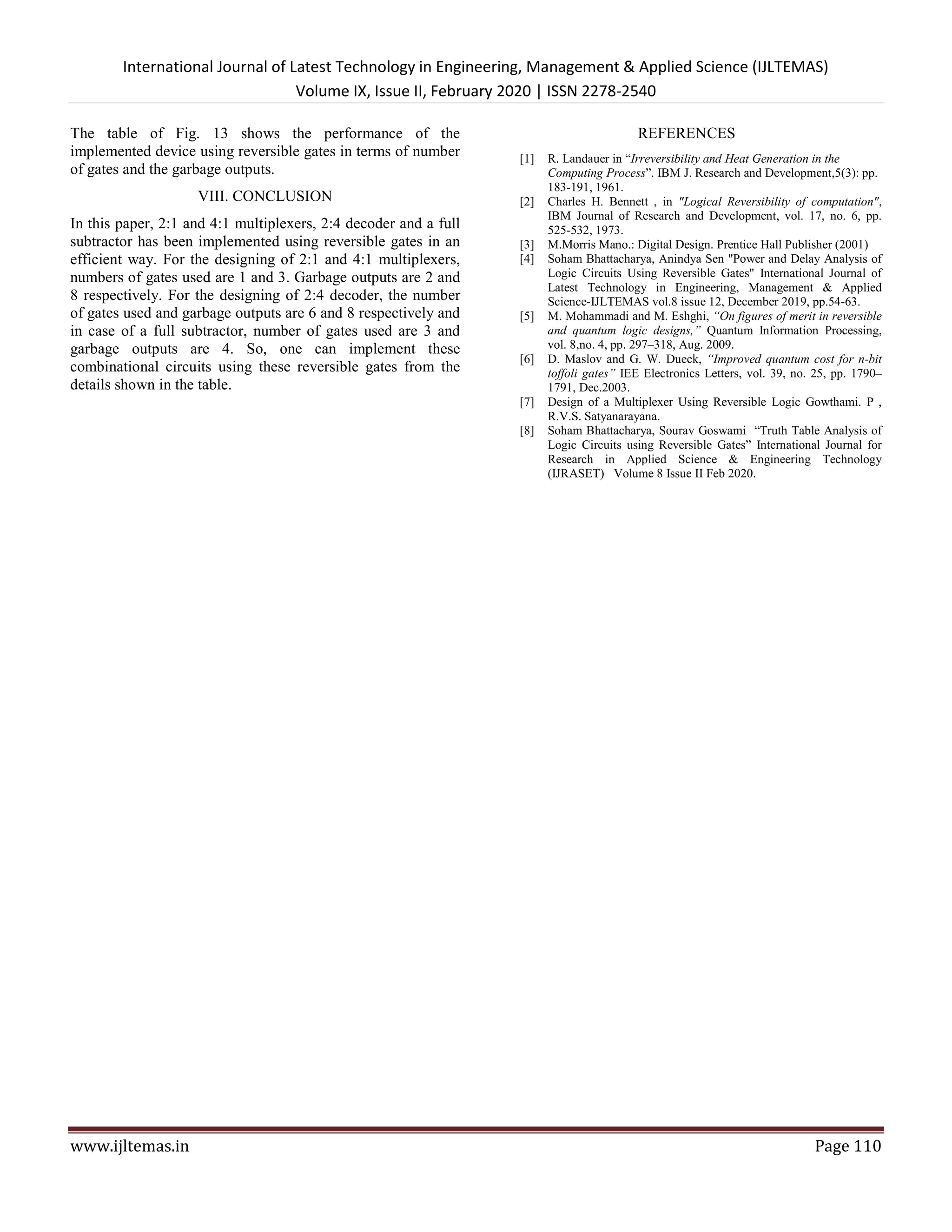 Design Of Multiplexers Decoder And A Full Subtractor Using Reversible