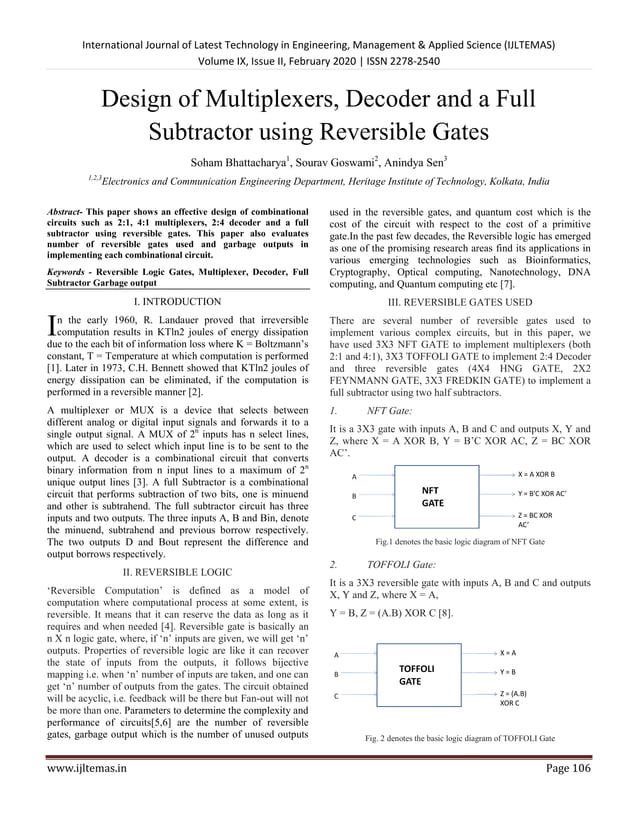 Design of Multiplexers, Decoder and a Full Subtractor using Reversible ...