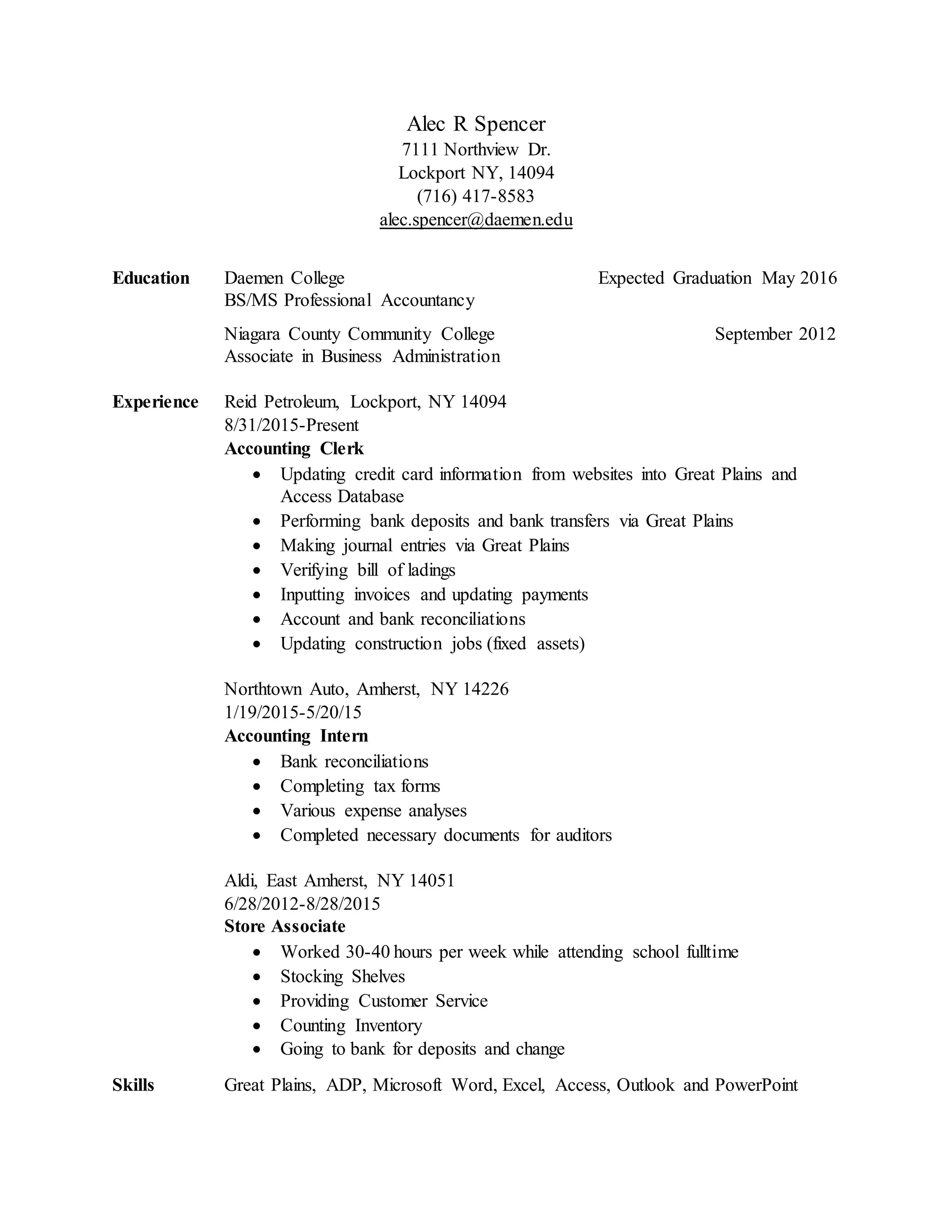 Alec Spencer Resume | DOCX | Business Accounting & Finance | Business