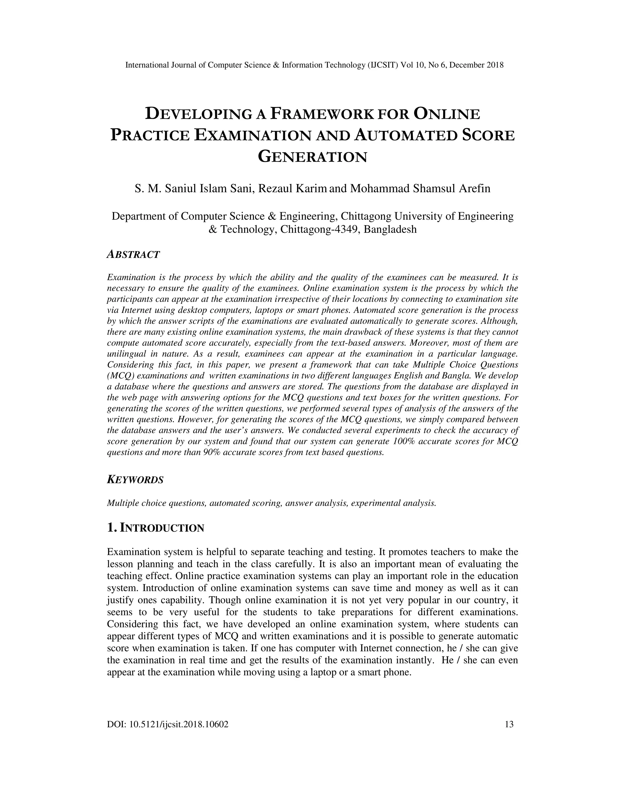 Developing a Framework for Online Practice Examination and Automated ...