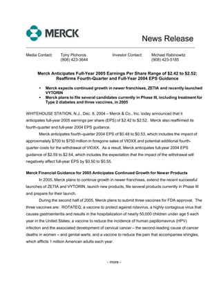 merck 2005 Guidance Release | PDF