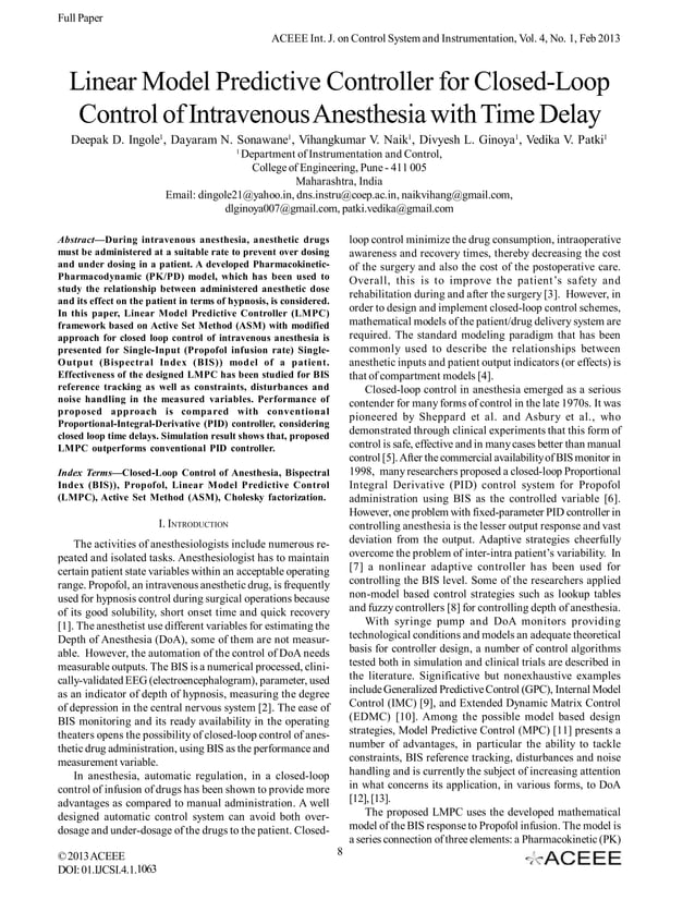 Linear Model Predictive Controller for Closed-Loop Control of Intravenous Anesthesia with Time ...