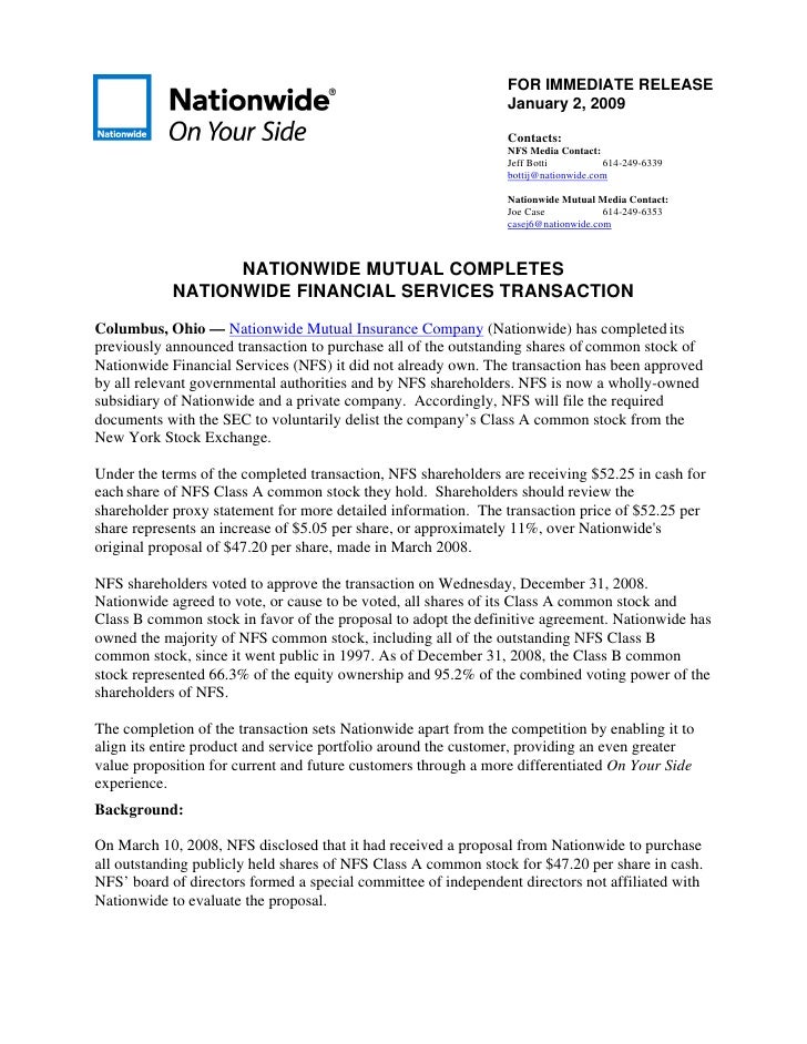 Nationwide Mutual Completes Nationwide Financial Transaction