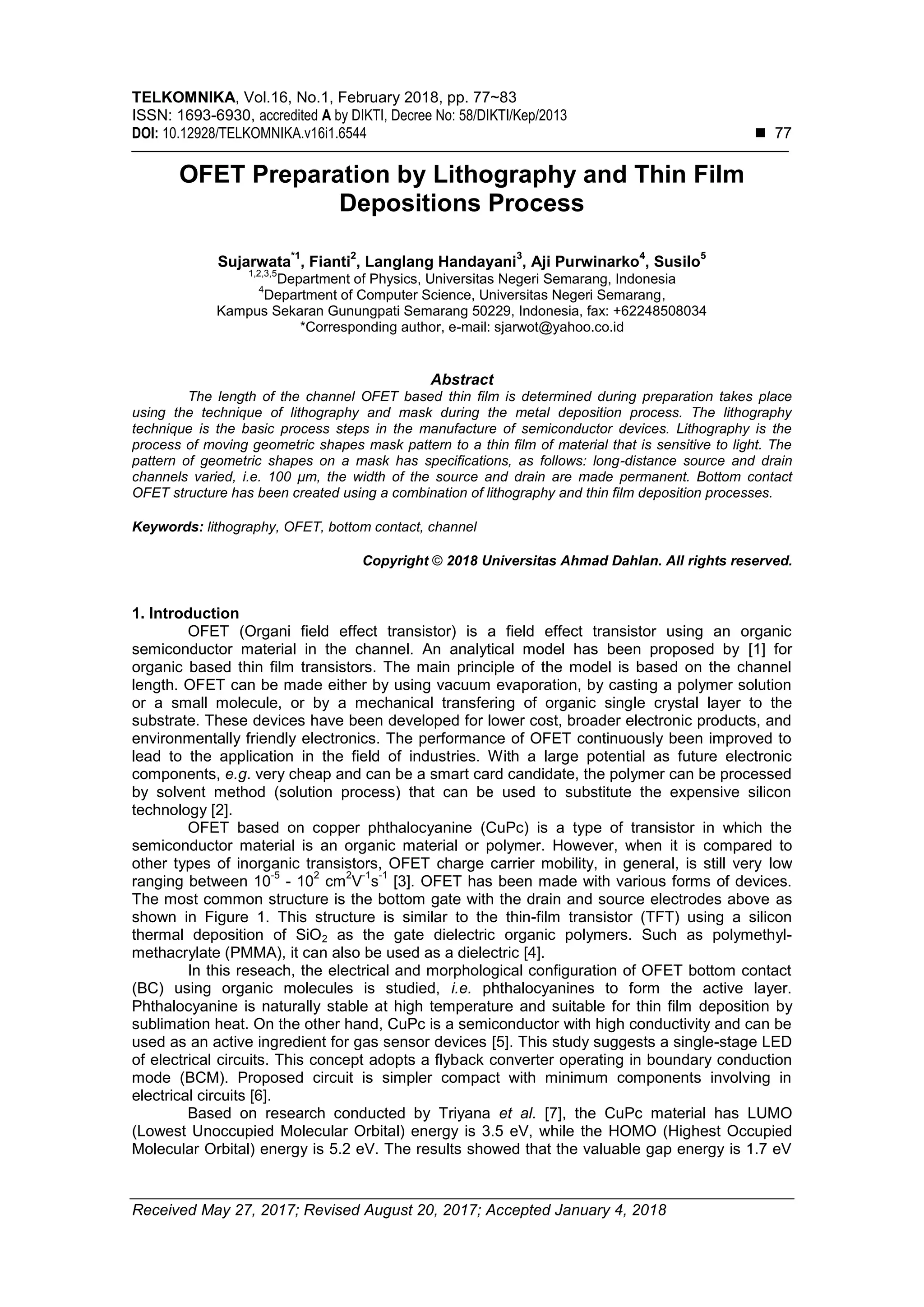 OFET Preparation by Lithography and Thin Film Depositions Process | PDF