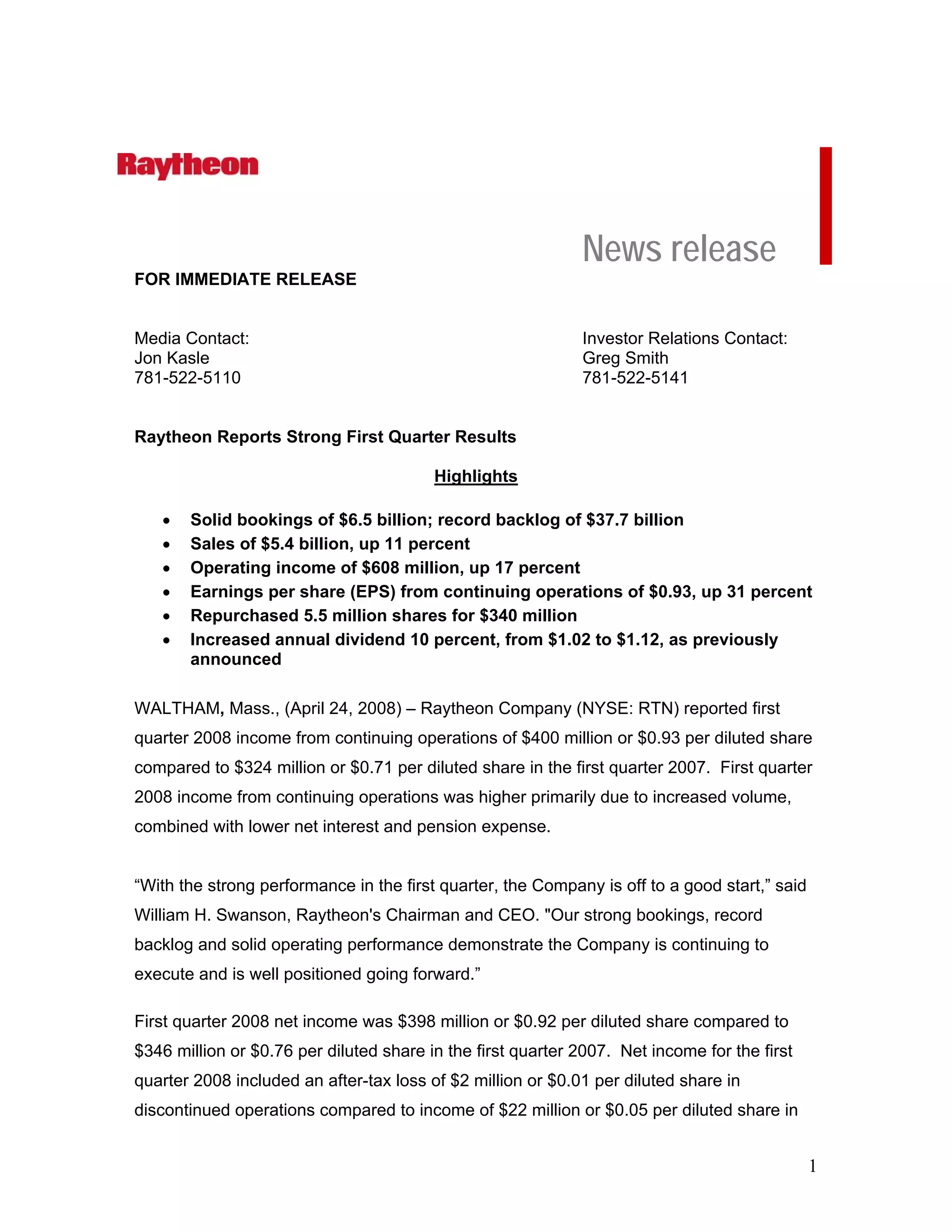 Raytheon Reports Strong Q1 Results | PDF